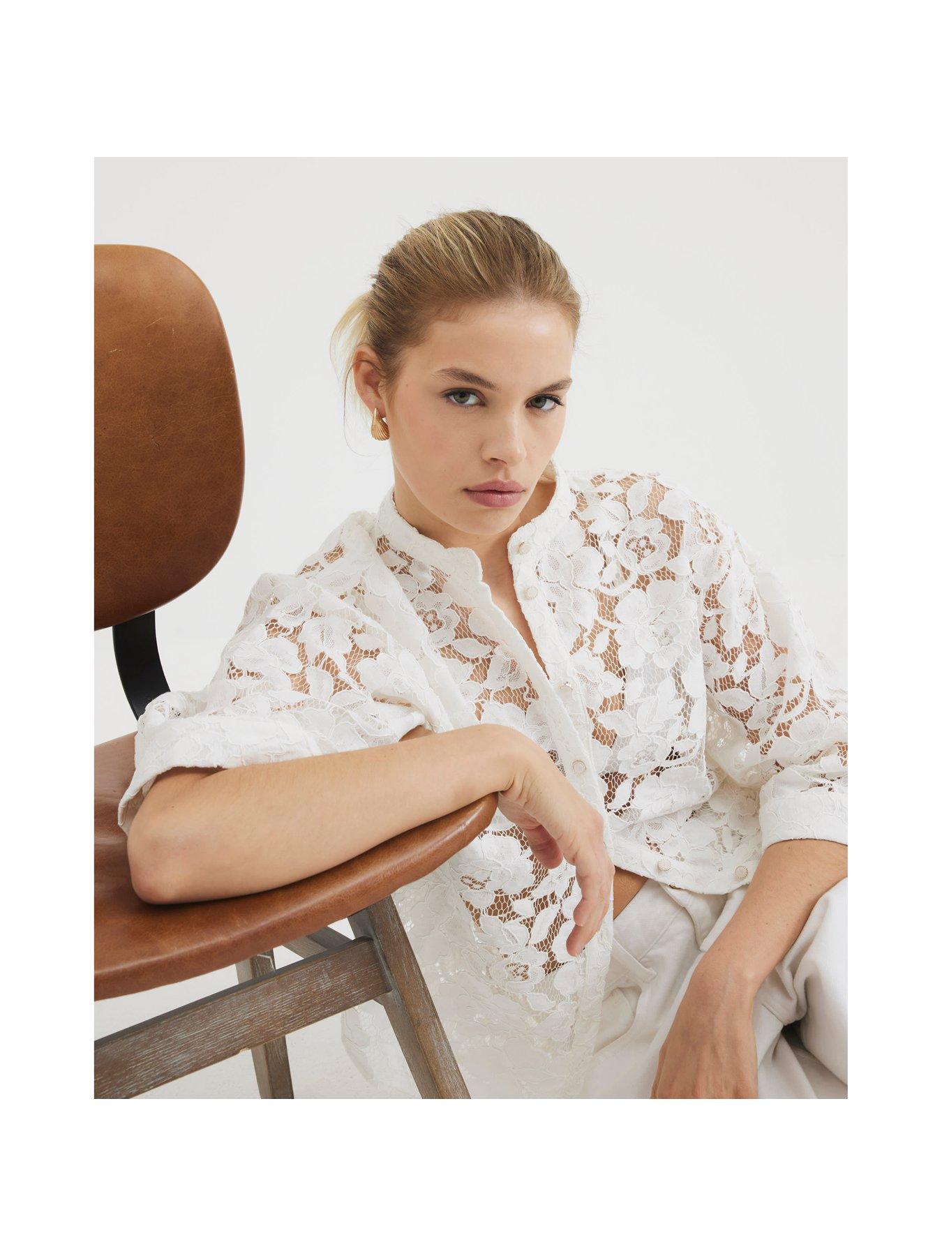 River Island Grandad Collar Lace Shirt - White | Littlewoods