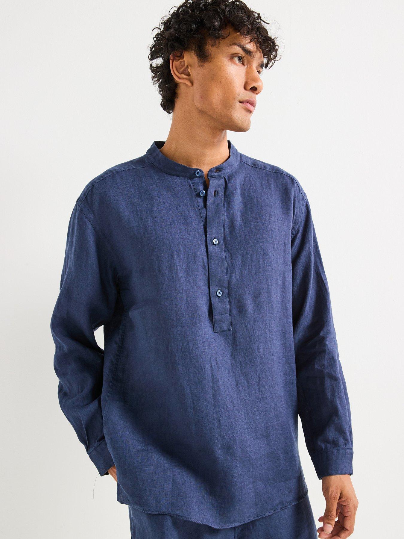 BOSS C-Cory Relaxed Fit Collarless Linen Shirt - Navy | Littlewoods
