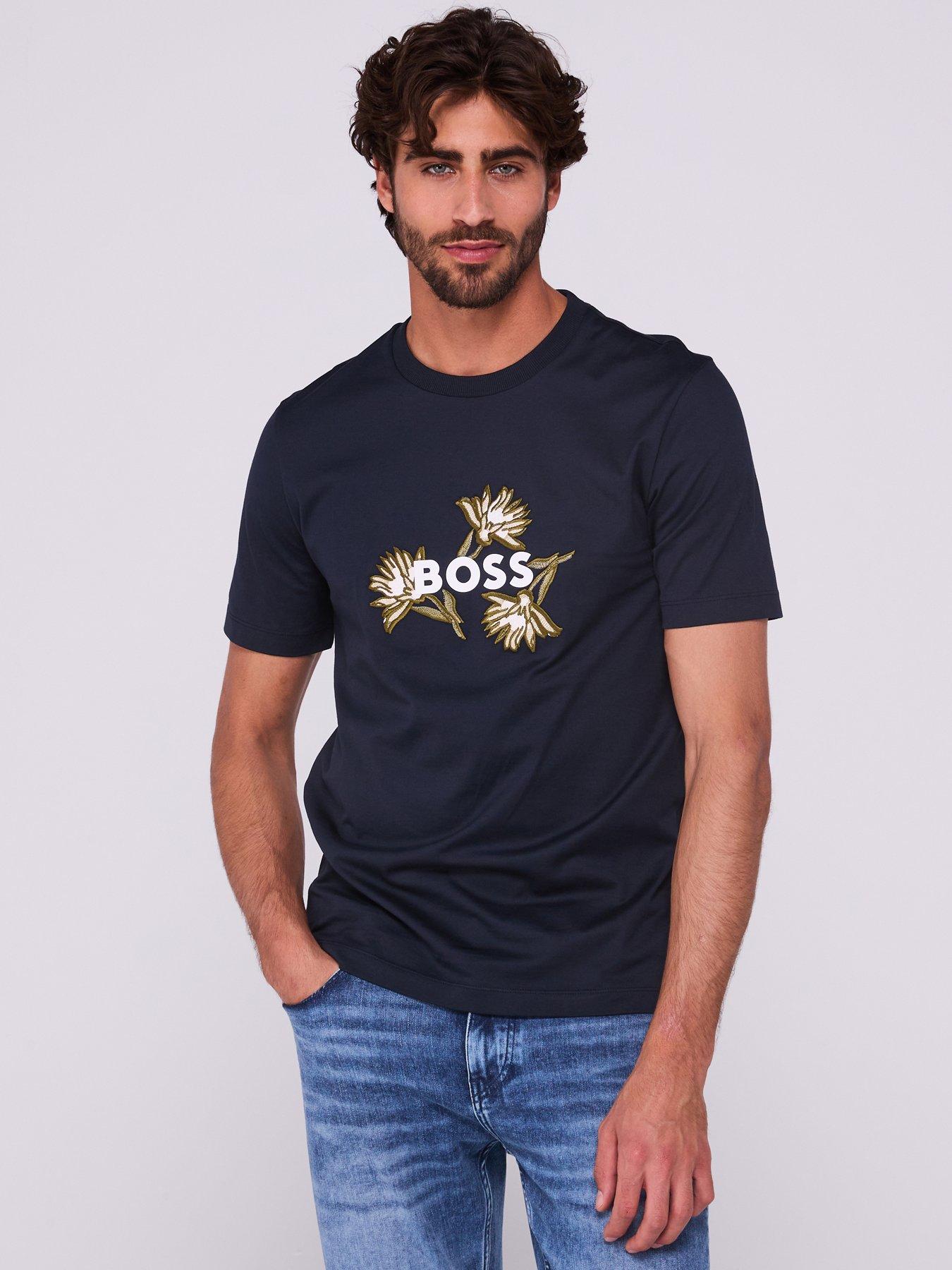 BOSS C-Thompson 121 Embroidered Floral Regular Fit T-Shirt - Dark Blue | Littlewoods