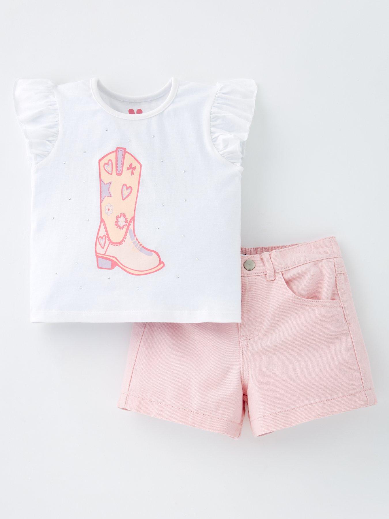 Mini V by Very Girls Denim Short and Frill T-Shirt Set - Dusky Pink ...