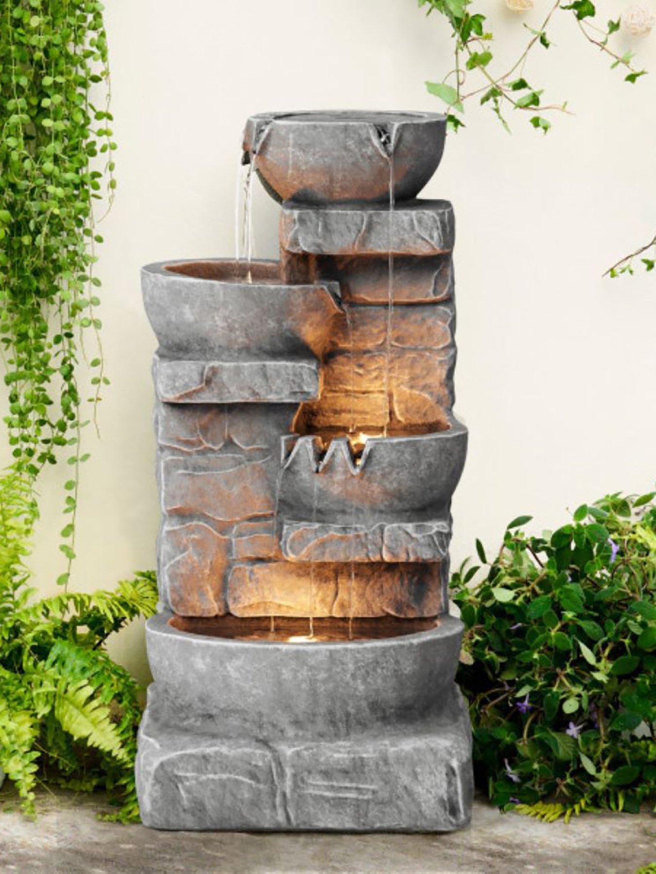 Teamson Home Cascading Bowls and Stacked Stone Waterfall Fountain with ...