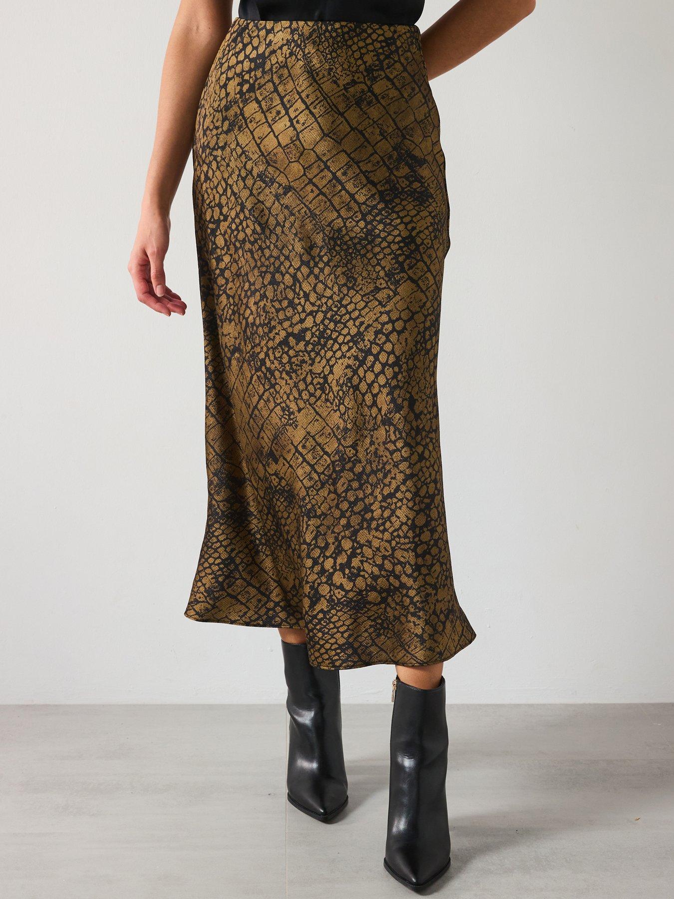 Mango Croc Print Satin Midi Skirt - Brown | Littlewoods