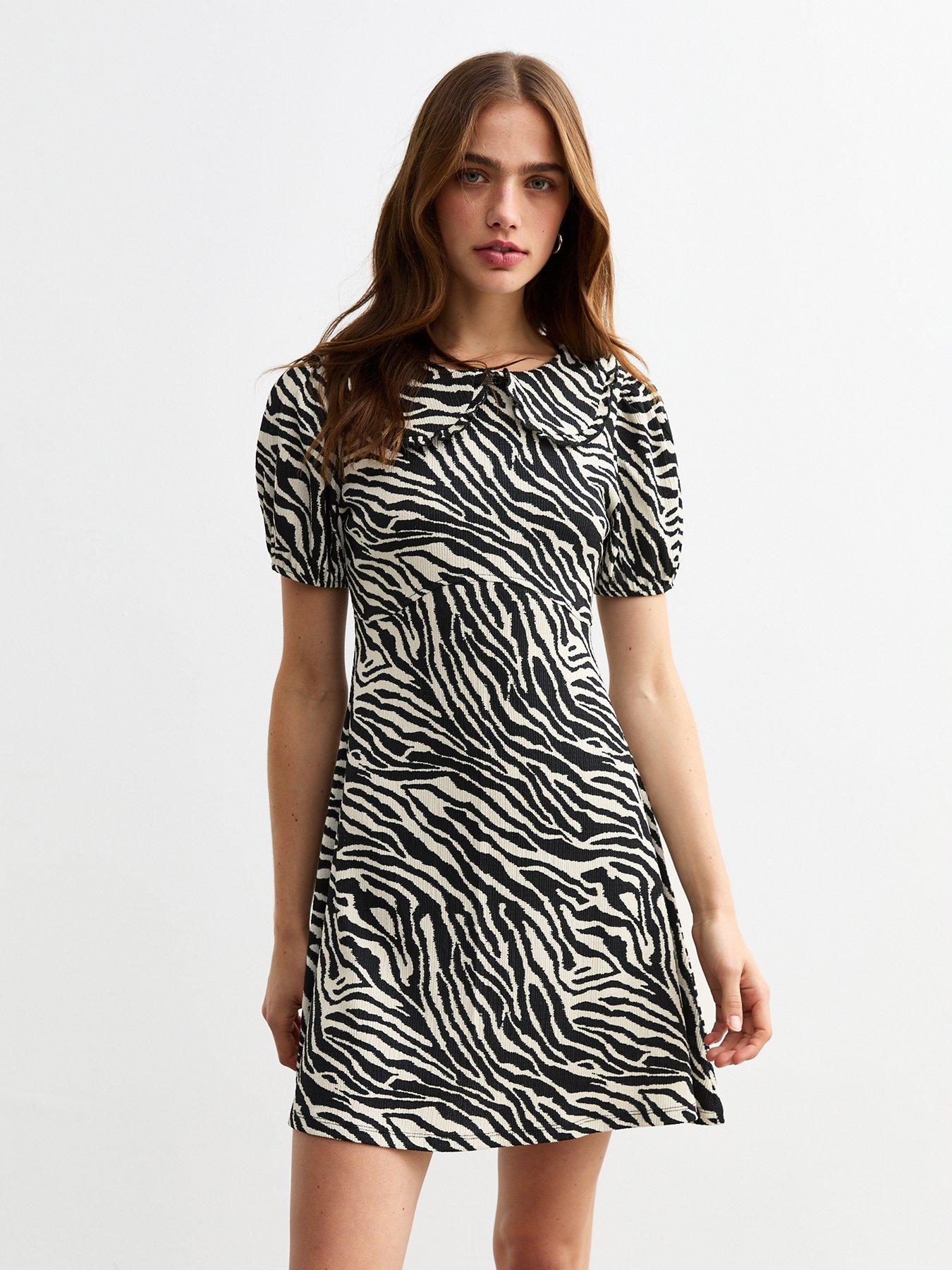 New Look Black Zebra Print Crinkled Mini Dress | littlewoods.com