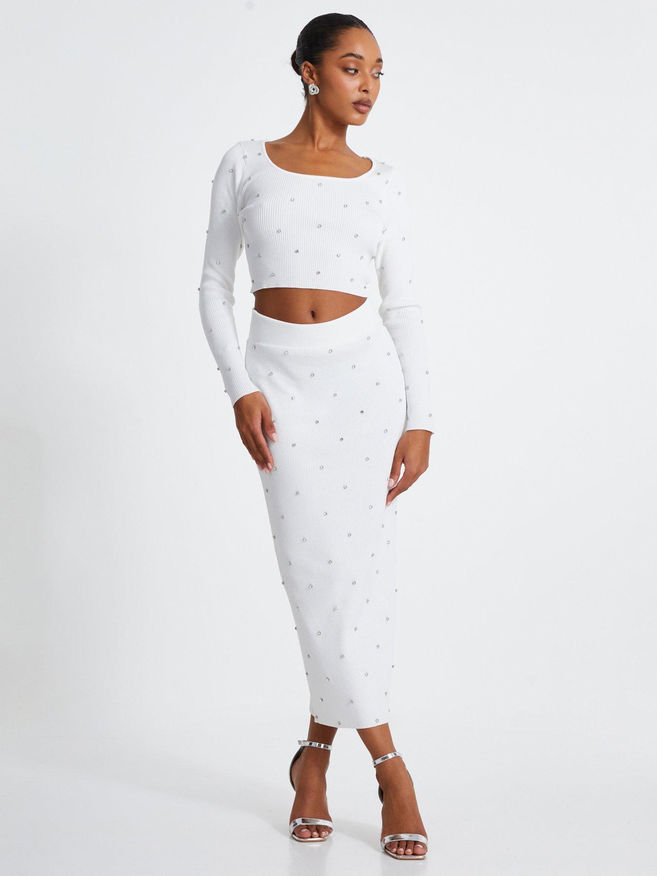 Quiz Cream Knit Diamante Midi Skirt | littlewoods.com