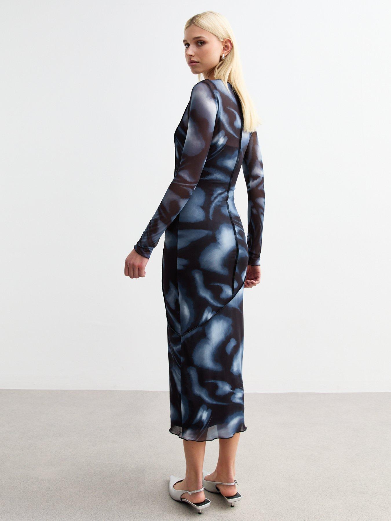 New Look Blue Blur Print Exposed Seam Mesh Midi Dress | Littlewoods