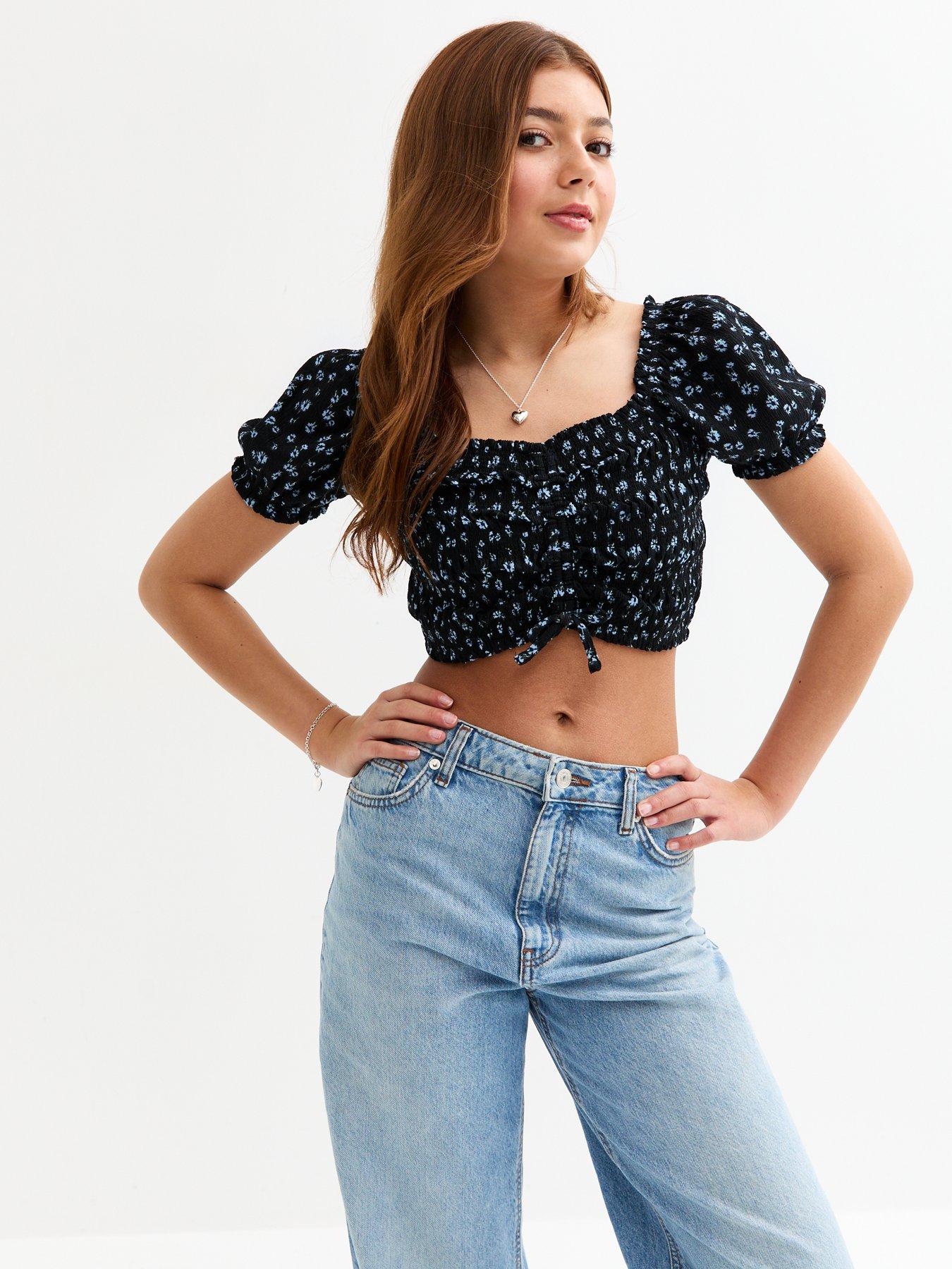 New Look 915 Girls Floral Print Ruched Crop Top - Black | Littlewoods