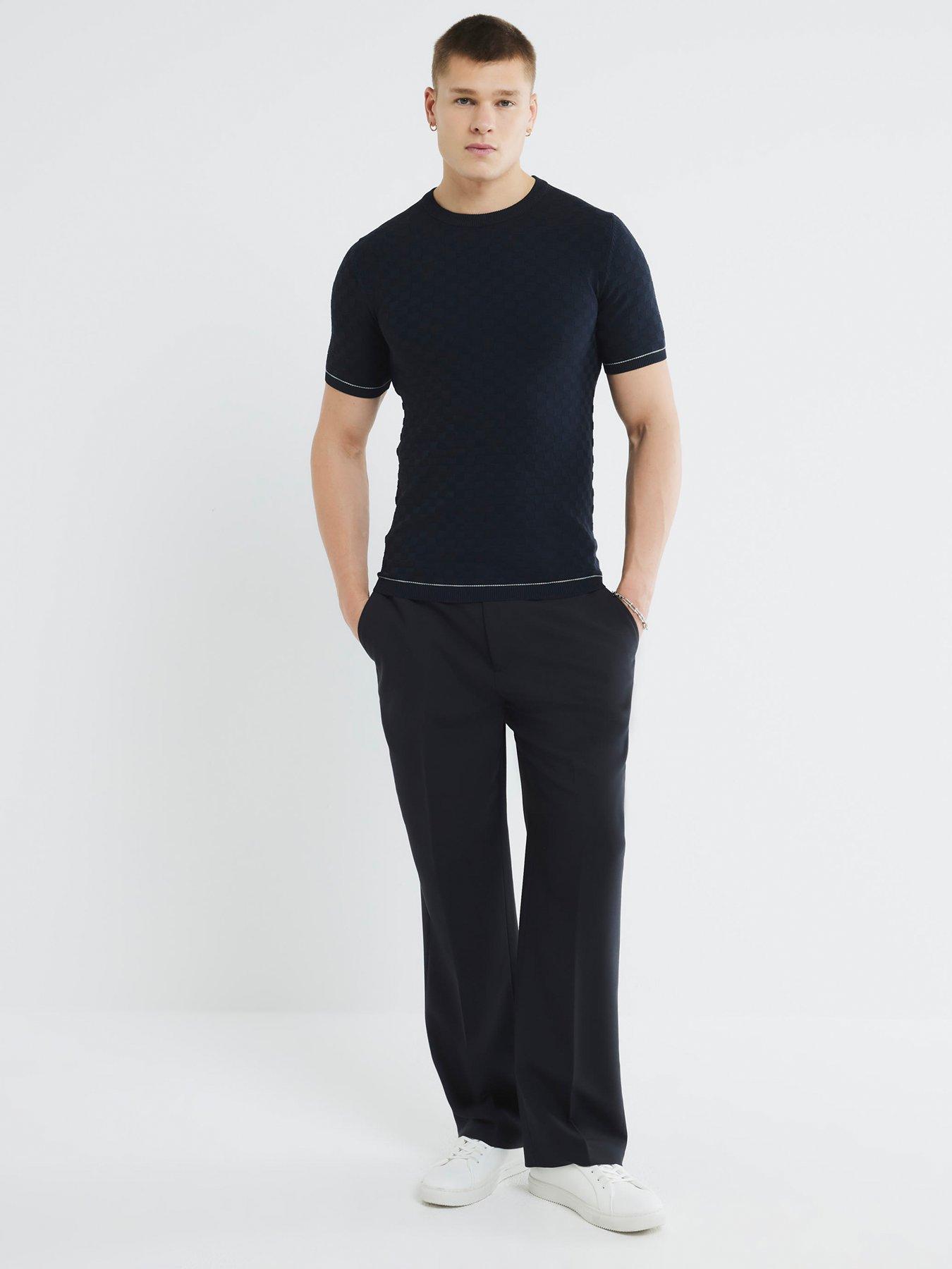 River Island Short Sleeve Checkerboard Muscle Fit Knitted T-Shirt ...