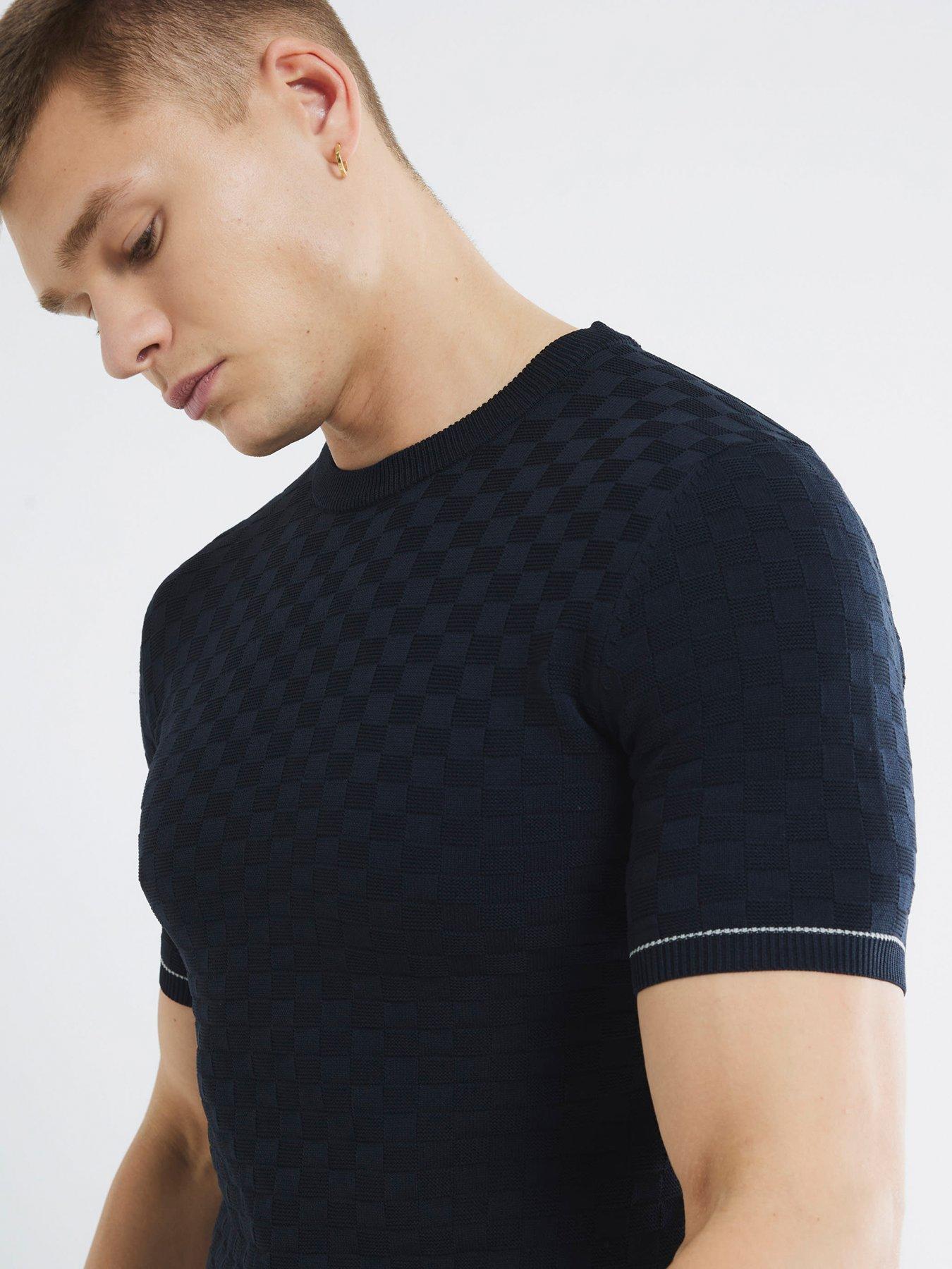 River Island Short Sleeve Checkerboard Muscle Fit Knitted T-Shirt ...