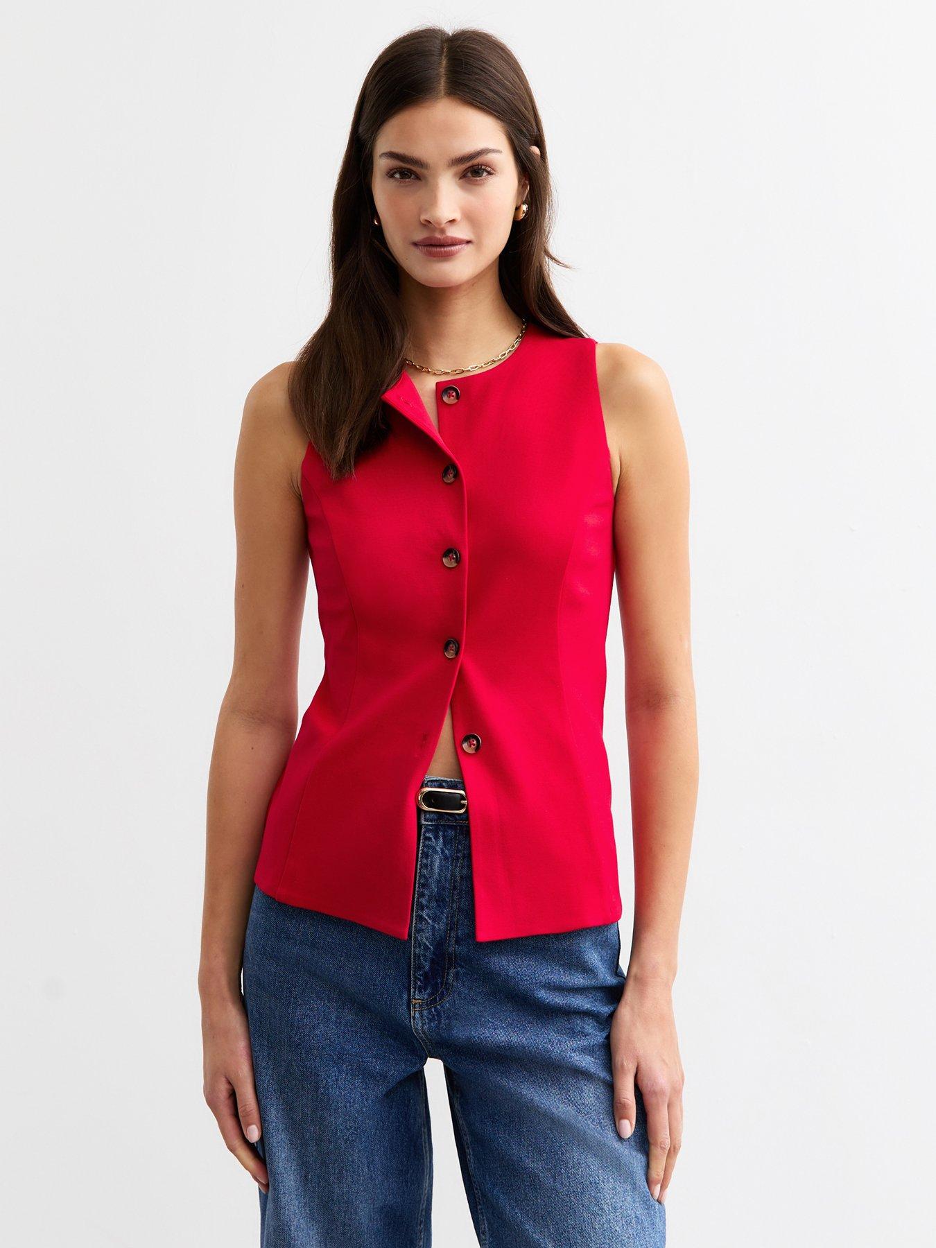 New Look Buttoned Crew Neck Ponte Waistcoat - Red | Littlewoods