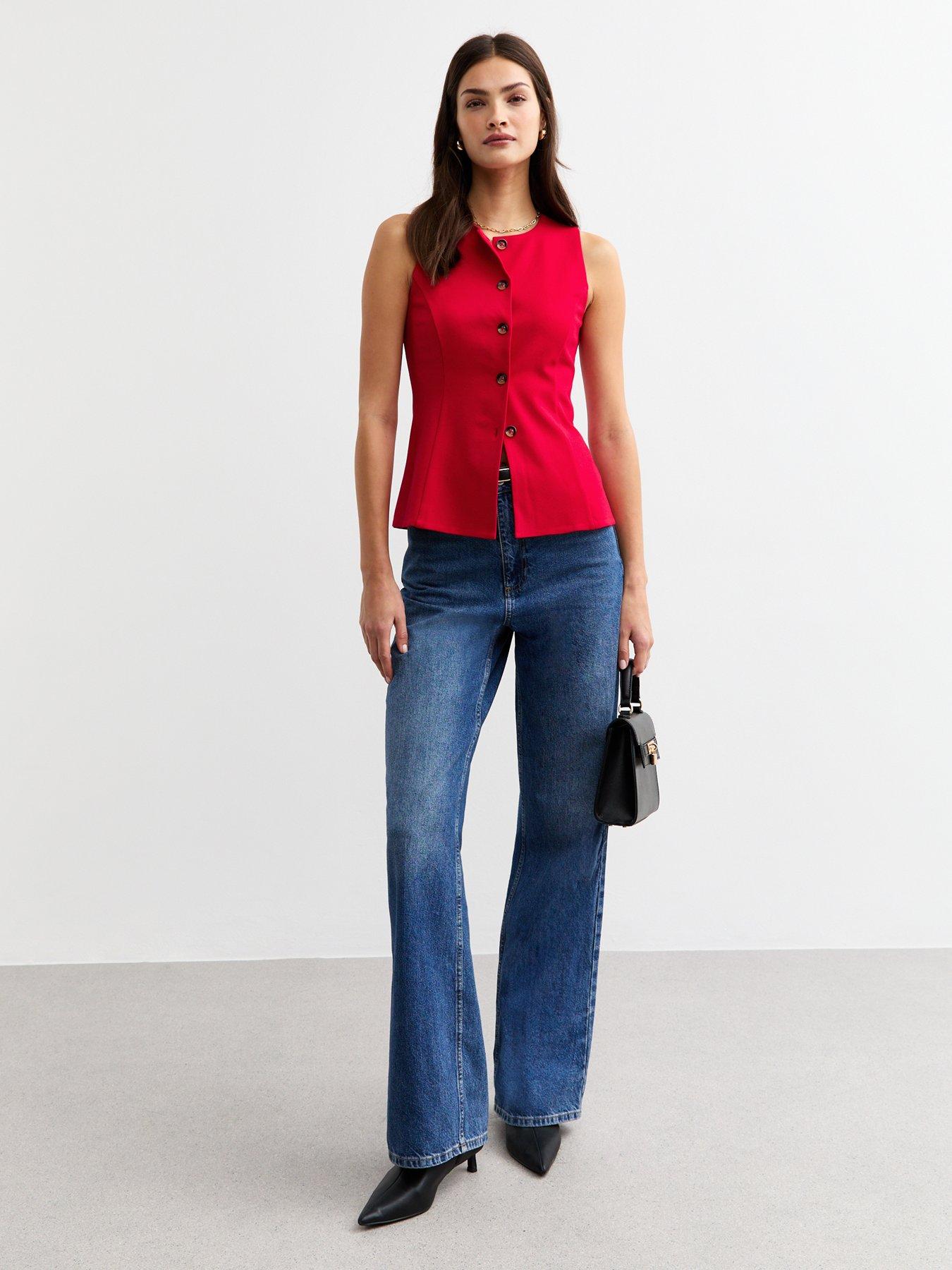 New Look Buttoned Crew Neck Ponte Waistcoat - Red | Littlewoods