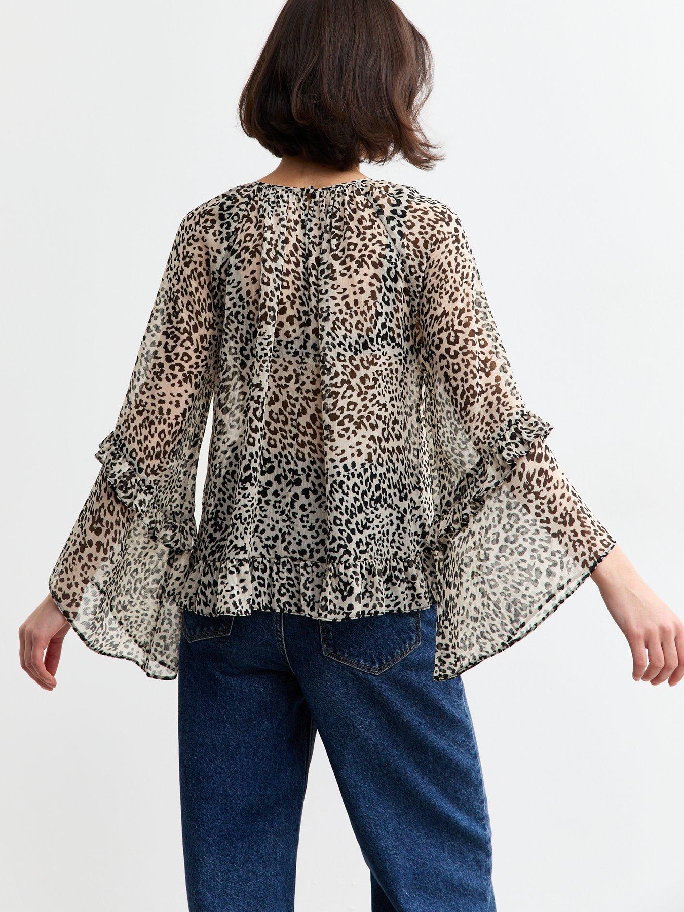 New Look Leopard Print Frilly Trim Chiffon Blouse - Black | Littlewoods