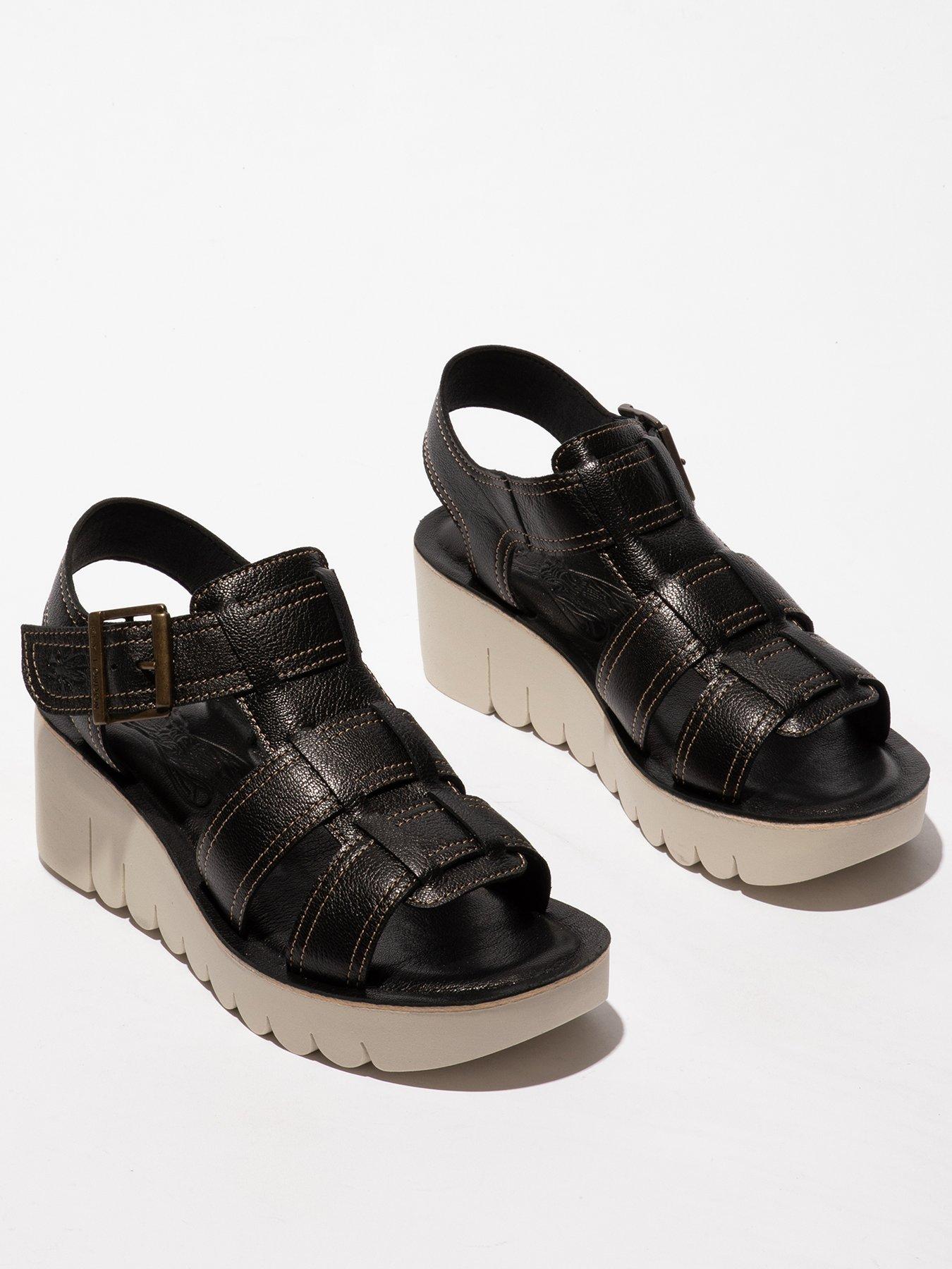 Fly London Yudd Leather Wedge Sandal - Black | Littlewoods