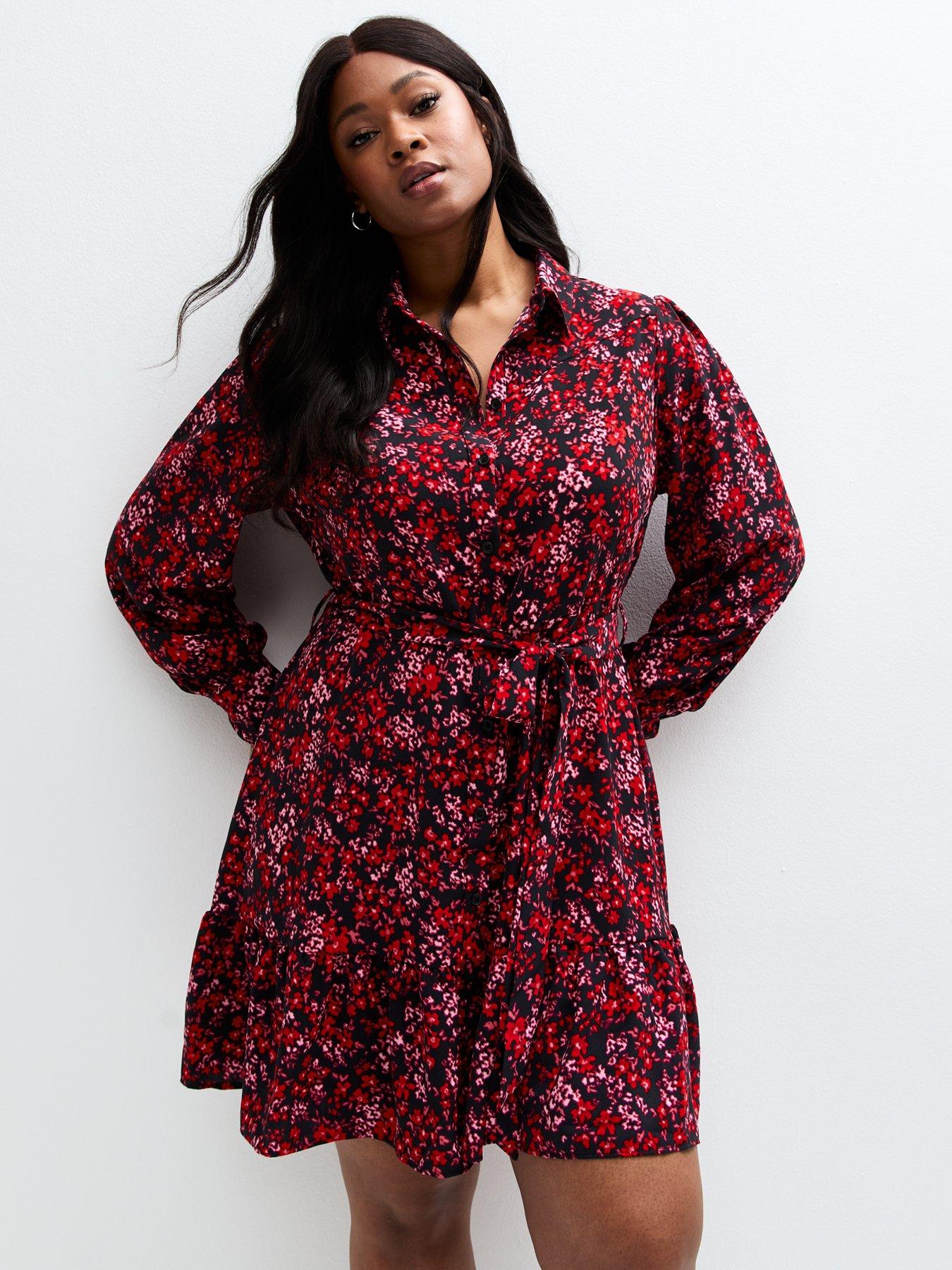 New Look Curves Red Floral Print Mini Shirt Dress | Littlewoods