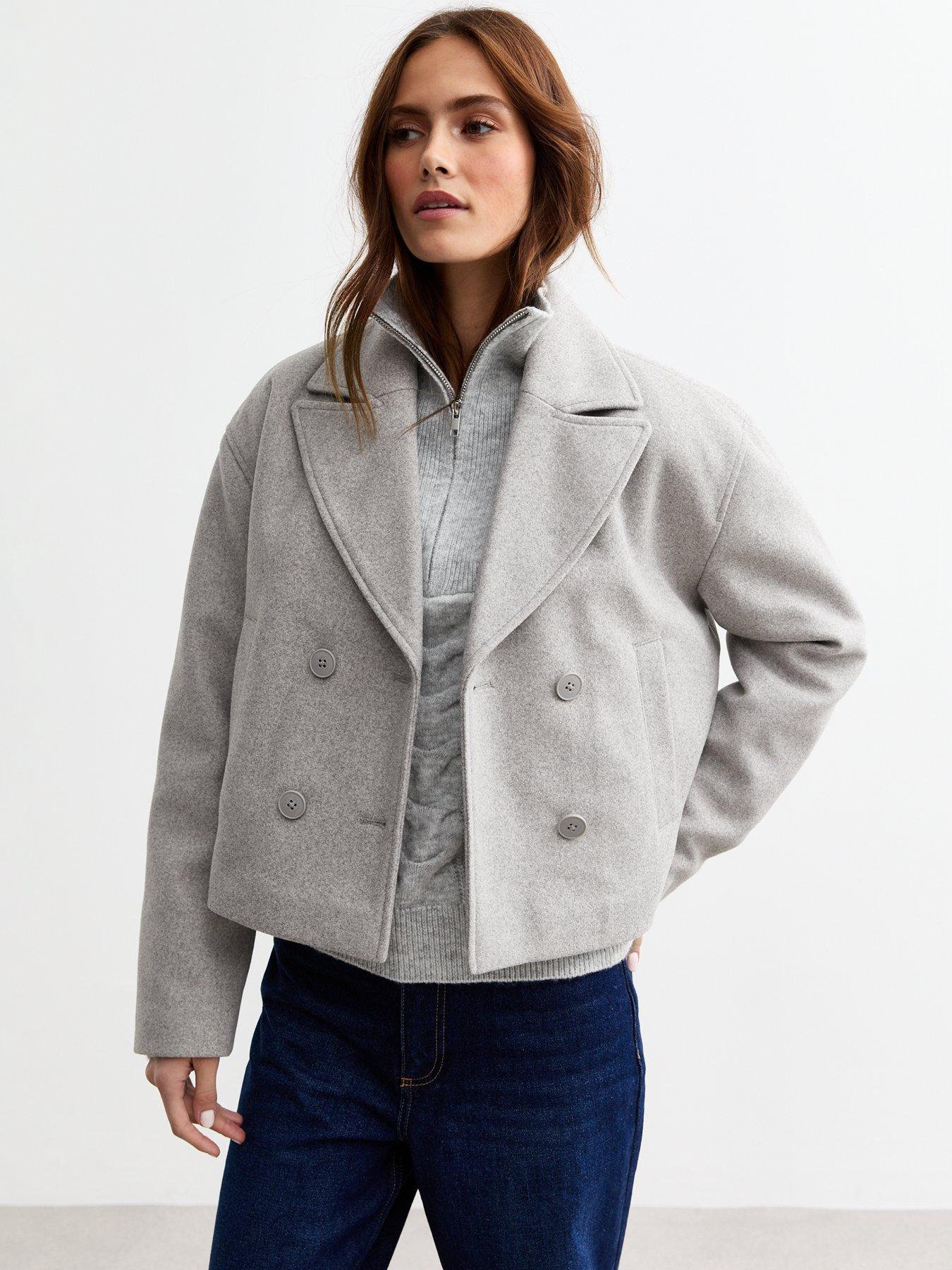 New Look Cropped Pea Coat - Grey | Littlewoods