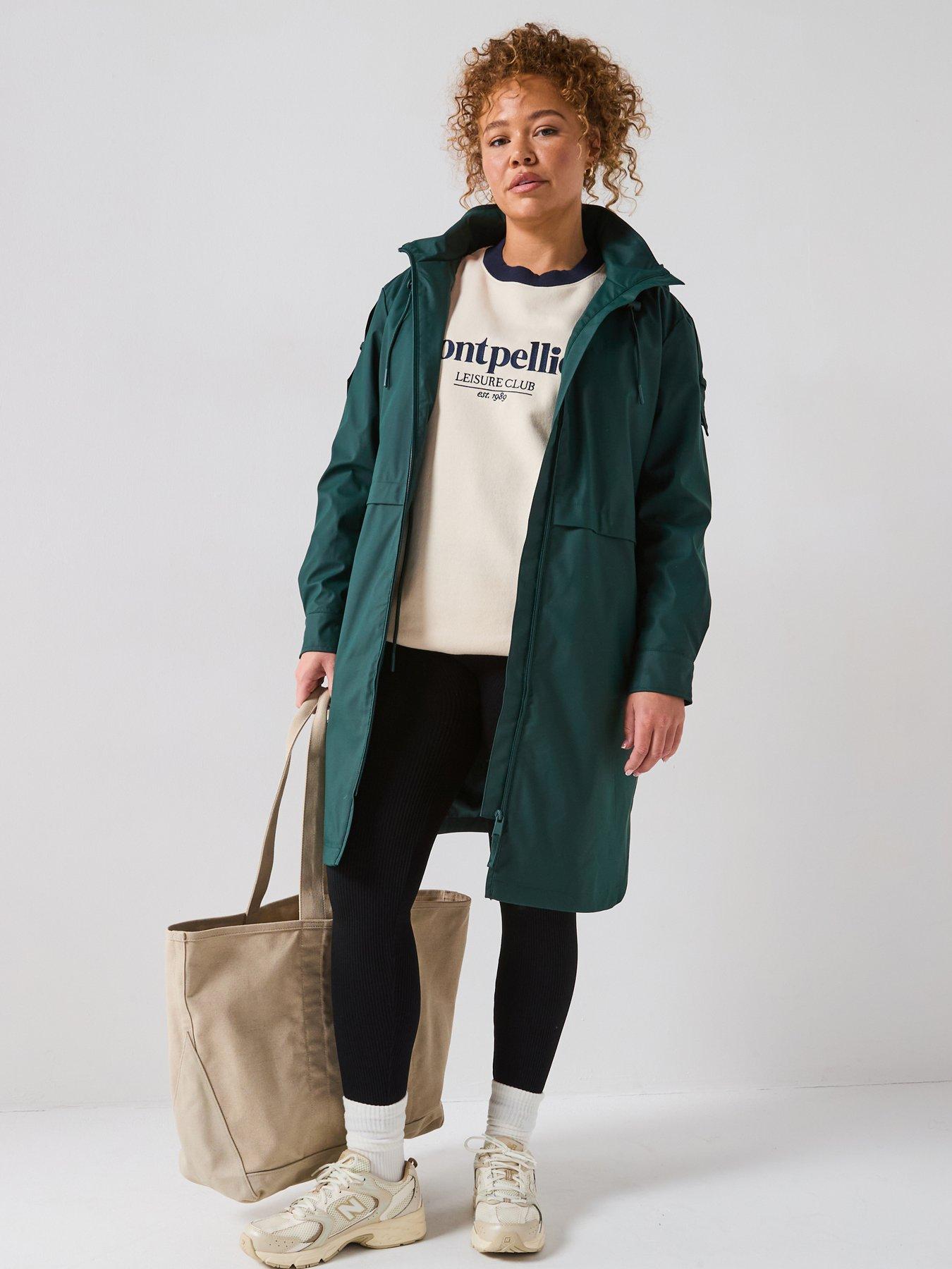 V by Very Curve Rubberised Hooded Rain Mac - Dark Green | Littlewoods