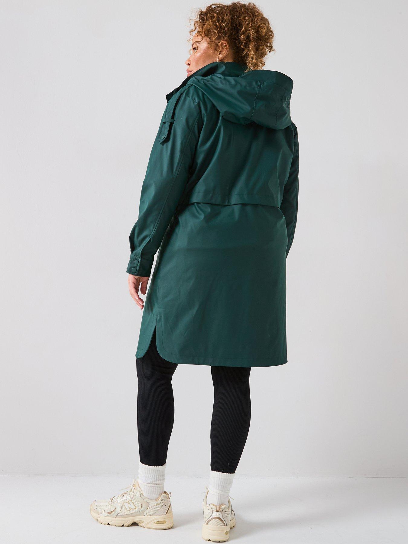V by Very Curve Rubberised Hooded Rain Mac - Dark Green | Littlewoods