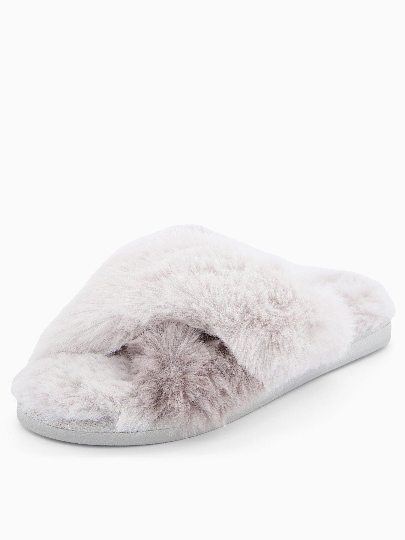 V by Very Fluffy Cross Knot Slider Slippers - Grey | Littlewoods