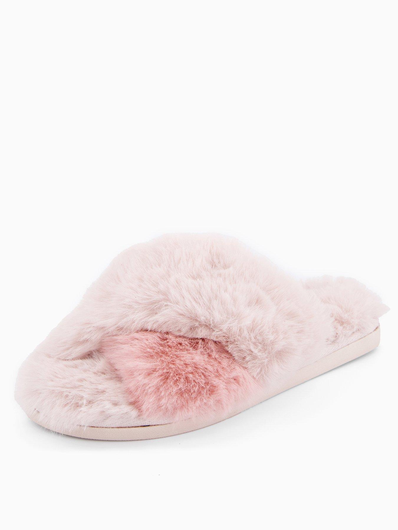 V by Very Fluffy Cross Knot Slider Slippers - Pink | Littlewoods
