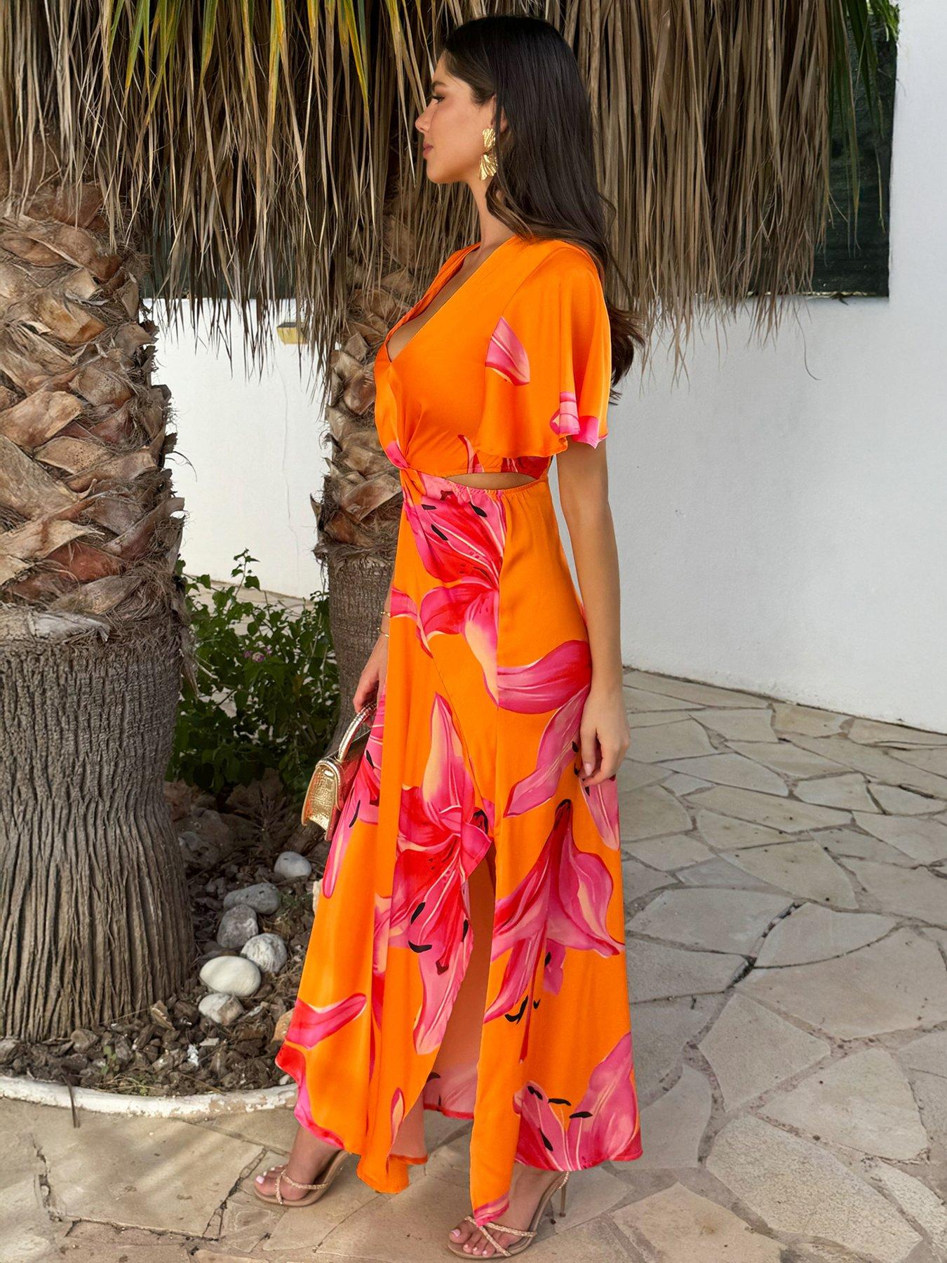 AX Paris Floral Print Cut Out Detail Midi Dress - Orange | Littlewoods