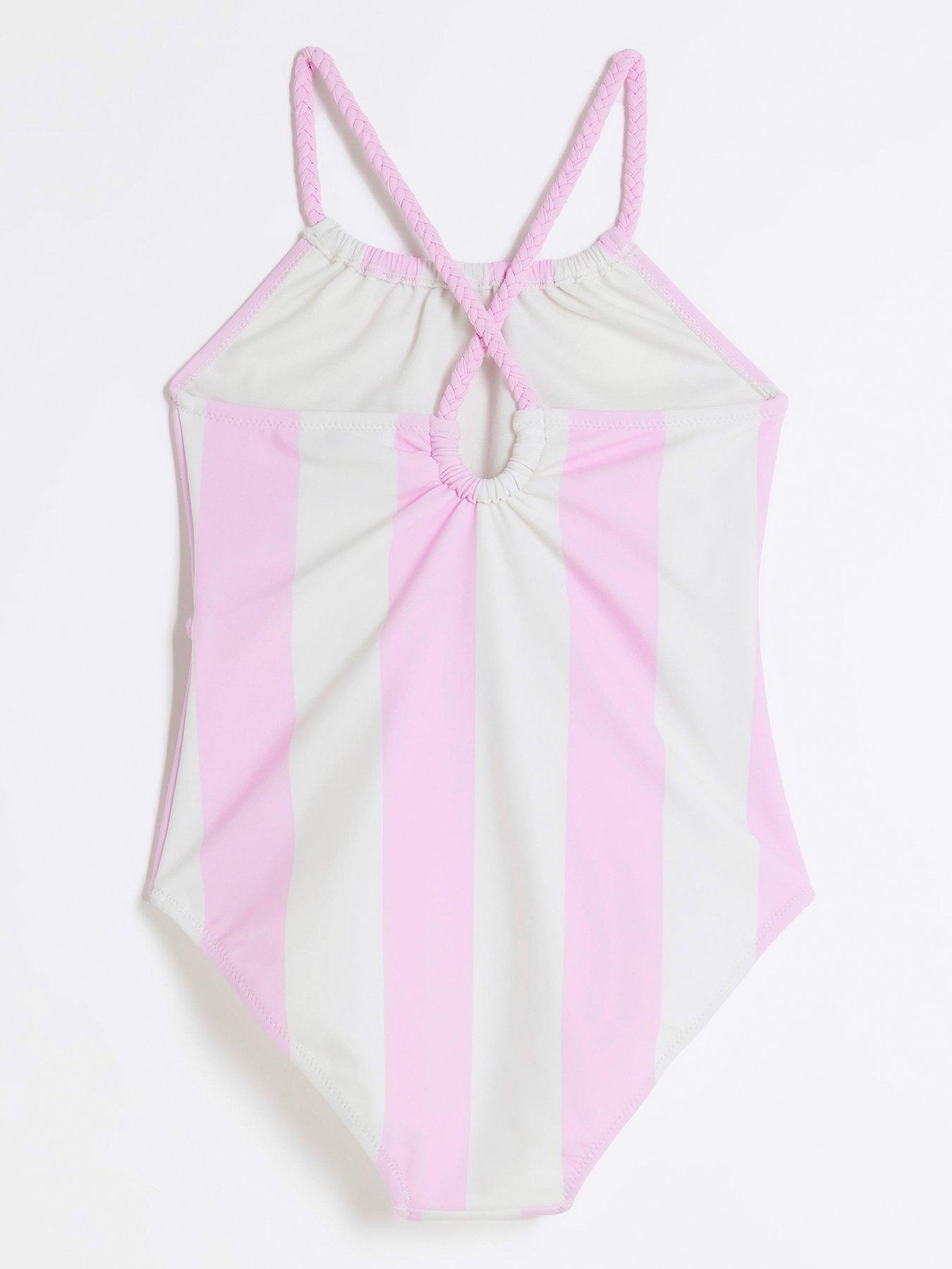 River Island Girls Stripe Charm Belt Swimsuit - Light Pink | Littlewoods