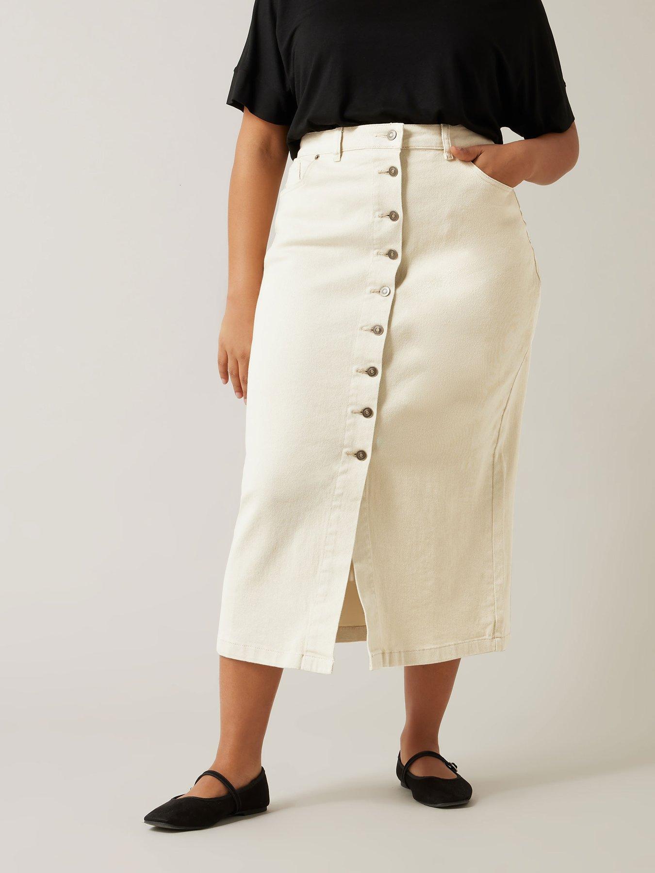 Evans Button Through Denim Skirt - Ivory | littlewoods.com