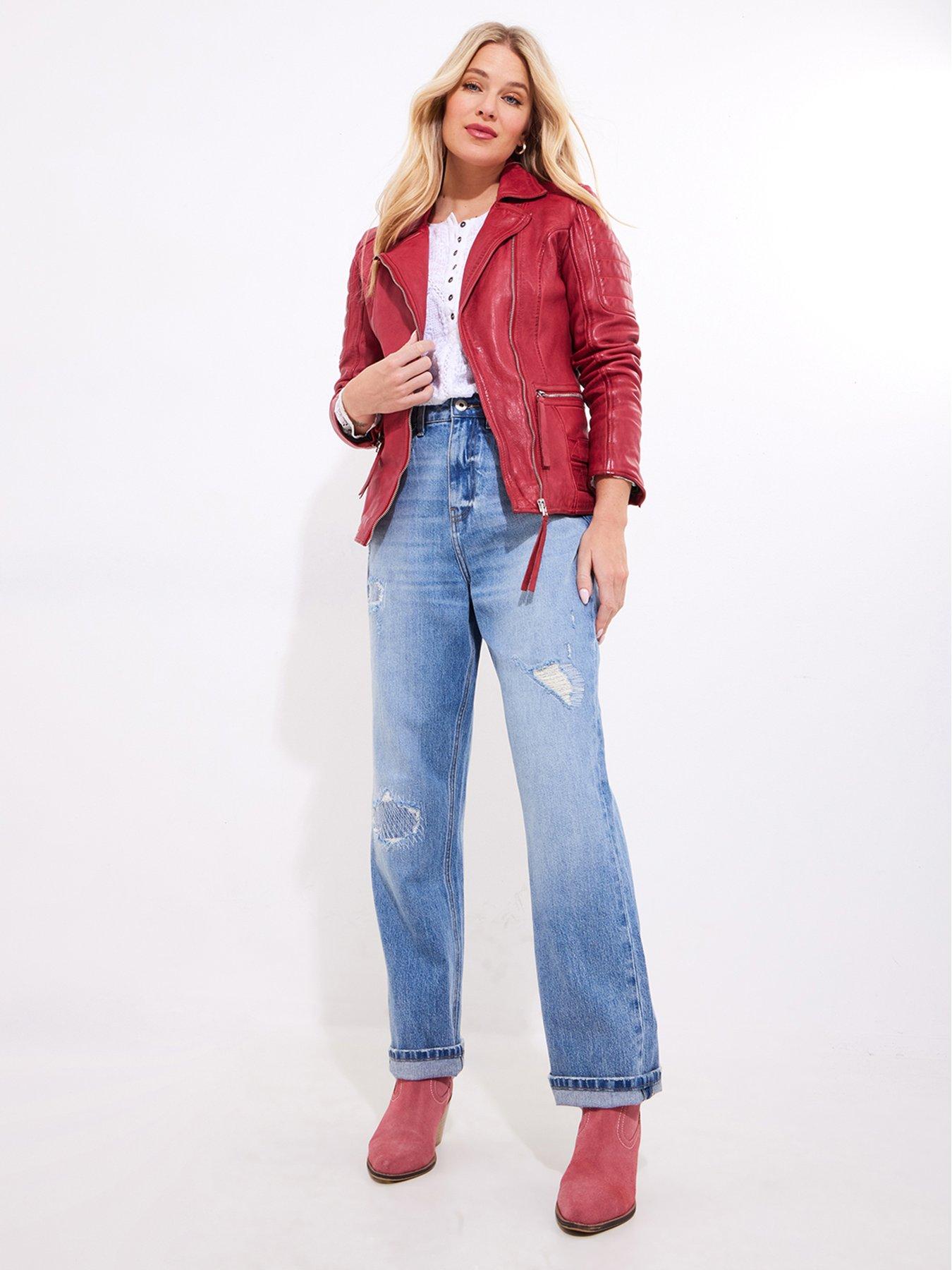 Joe Browns Ruby Leather Collared Biker Jacket - Red | Littlewoods