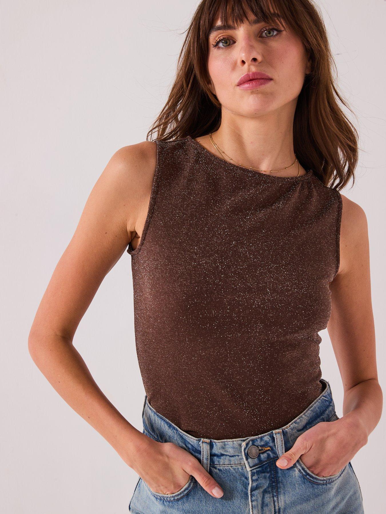V by Very Slash Neck Lurex Vest - Brown | Littlewoods