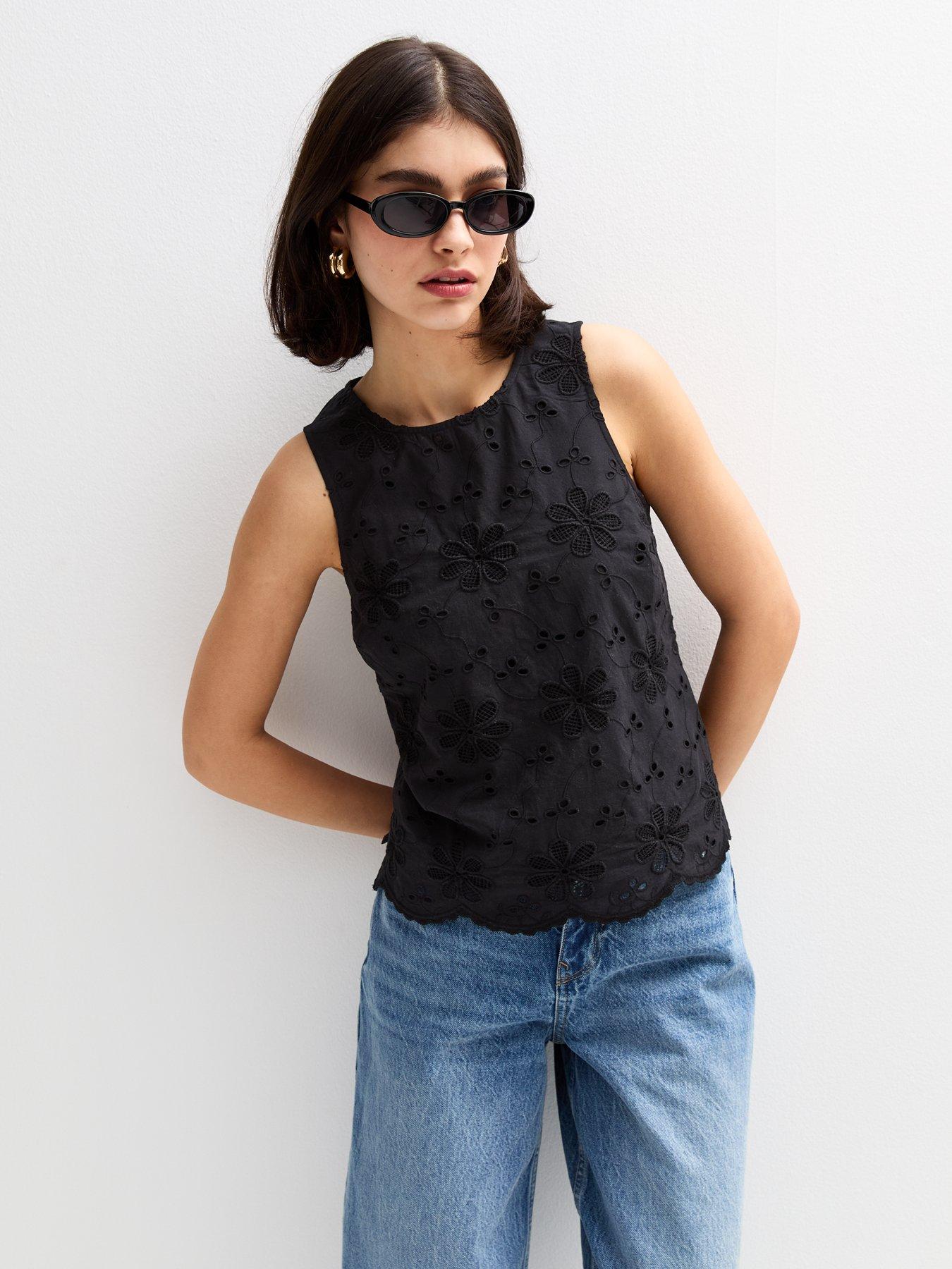 New Look Della Daisy Broderie Sleeveless Vest - Black | Littlewoods