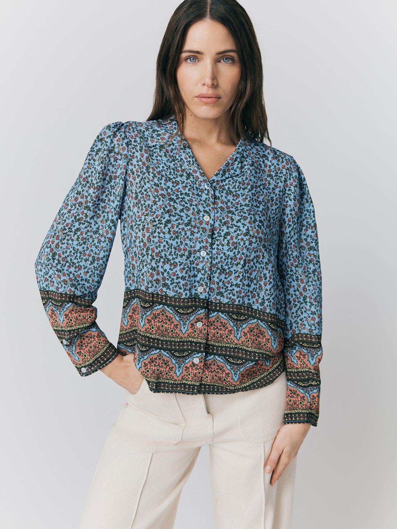 Ghost Lana Border Print Button Through Blouse - Blue Bandana Floral ...