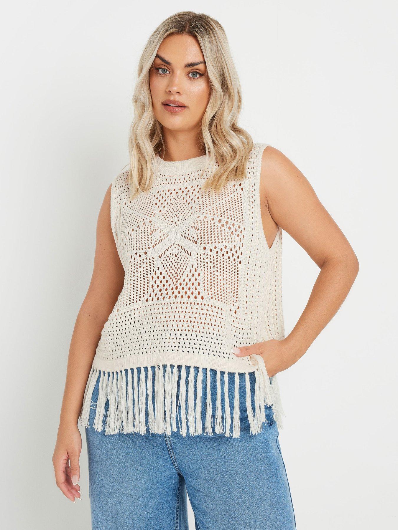 Yours Curve Patch Crochet Fringe Vest - Ivory | Littlewoods