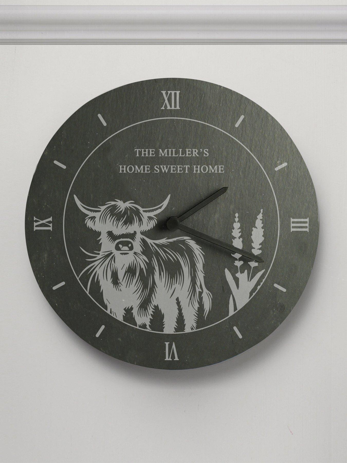 The Personalised Memento Company Personalised Highland Cow Slate Clock ...
