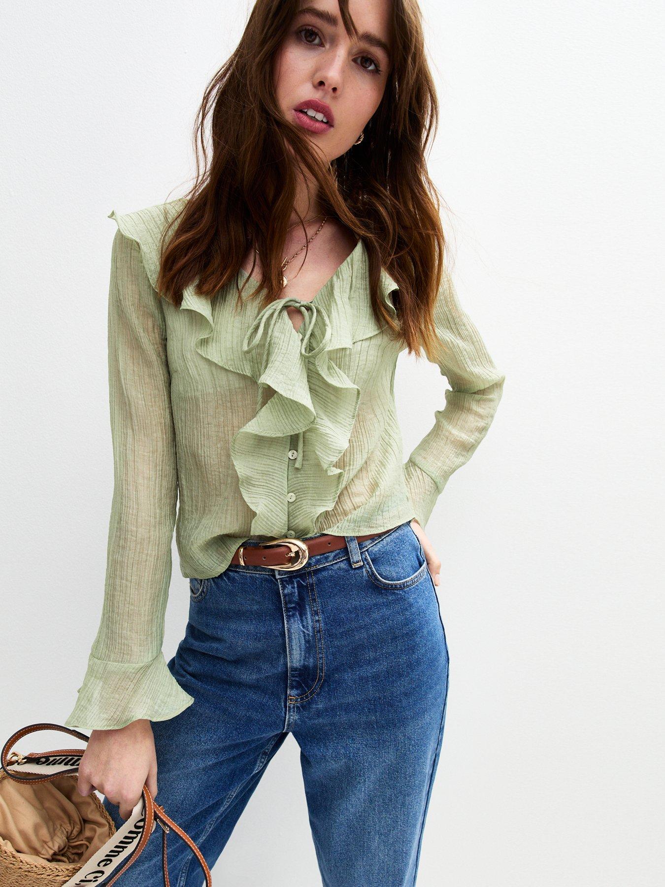 New Look Textured Ruffle Tie Shell Top - Green | Littlewoods