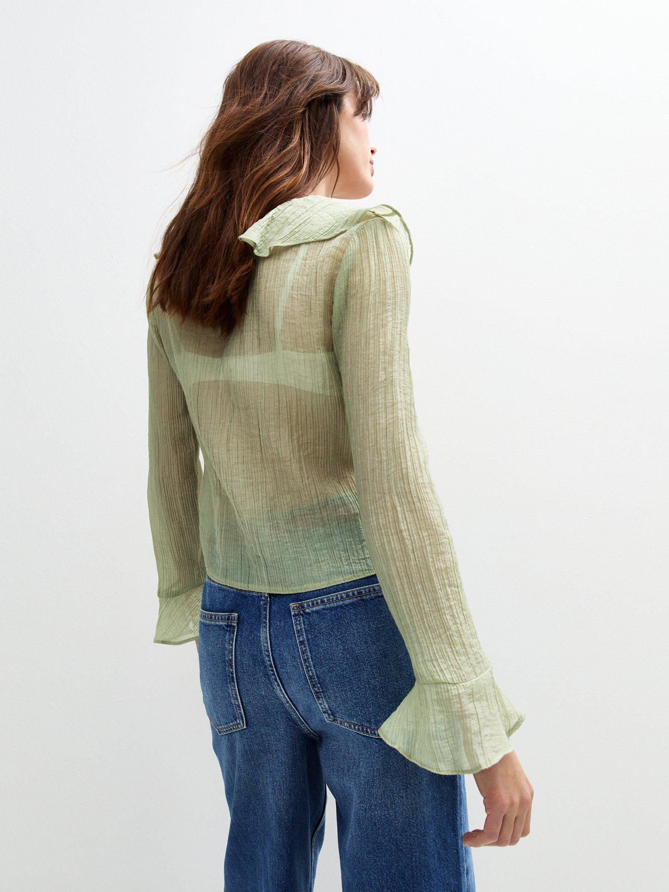 New Look Textured Ruffle Tie Shell Top - Green | Littlewoods
