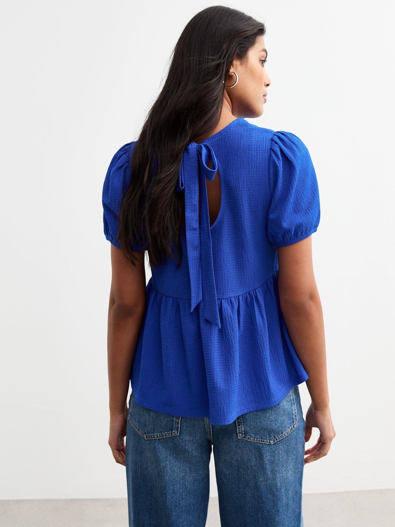 New Look Bright Blue Crinkled Jersey Tie Back Peplum Top | Littlewoods