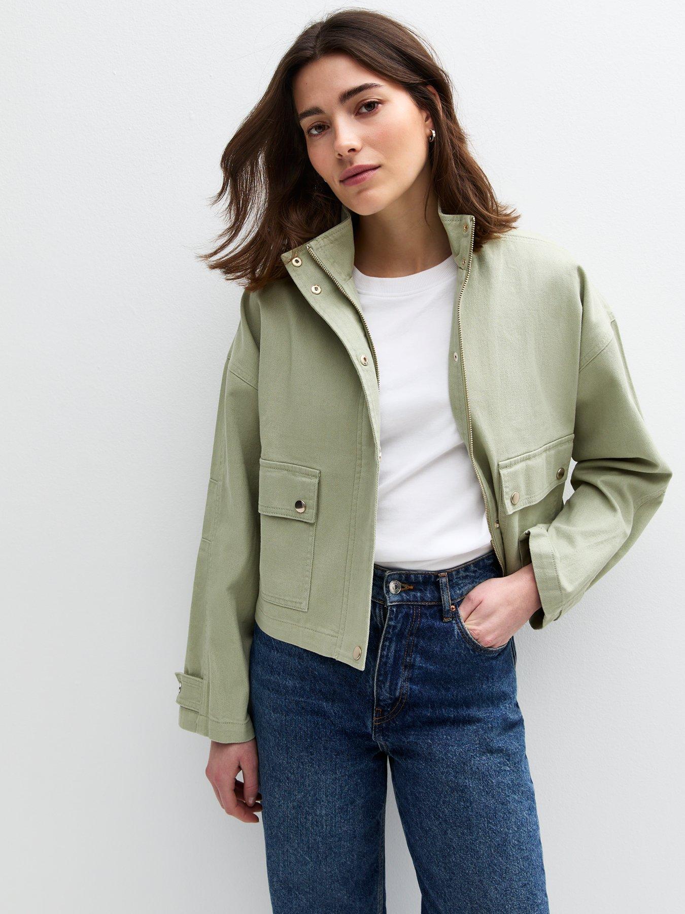 New Look High Neck Cotton Twill Shacket - Green | Littlewoods