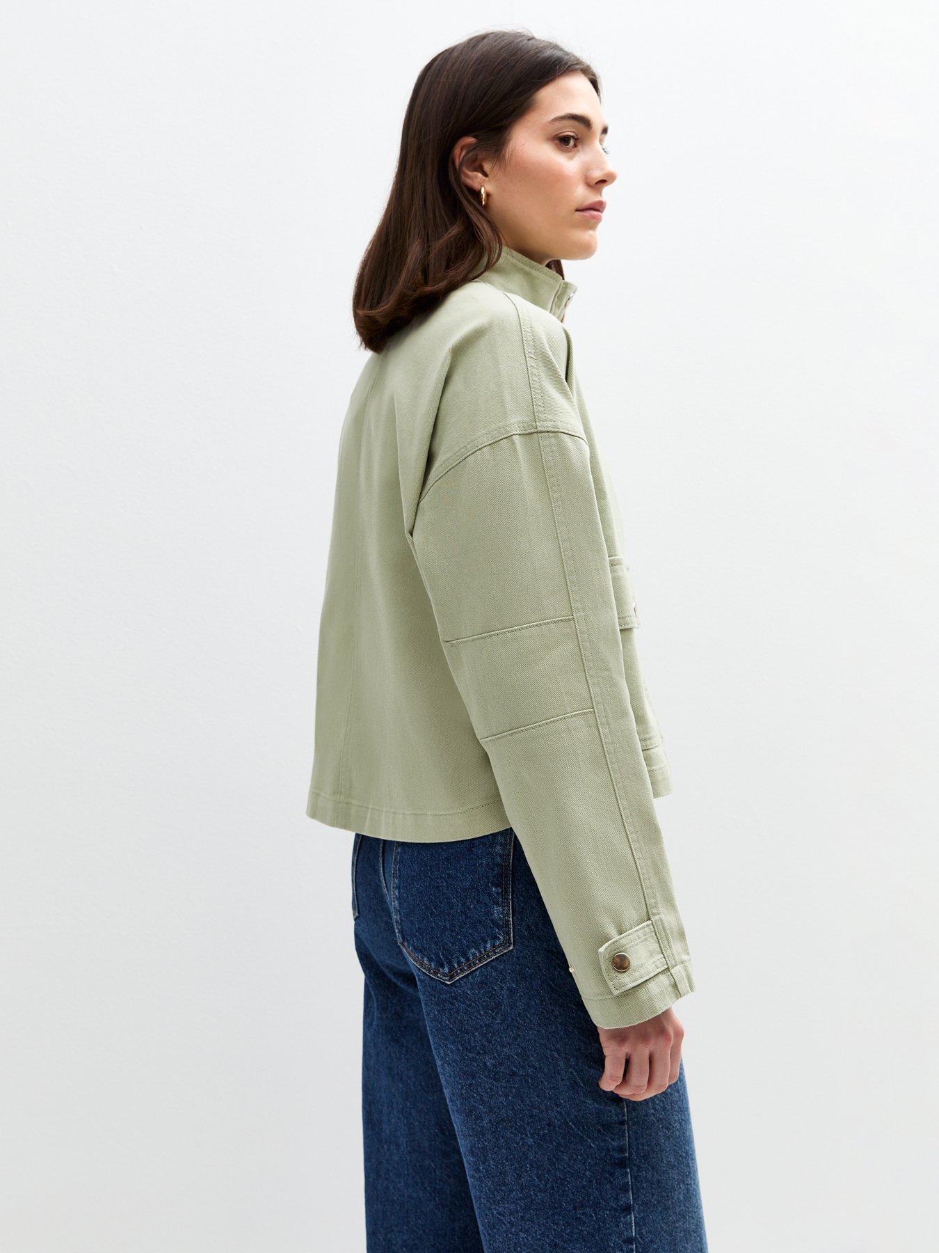New Look High Neck Cotton Twill Shacket - Green | Littlewoods