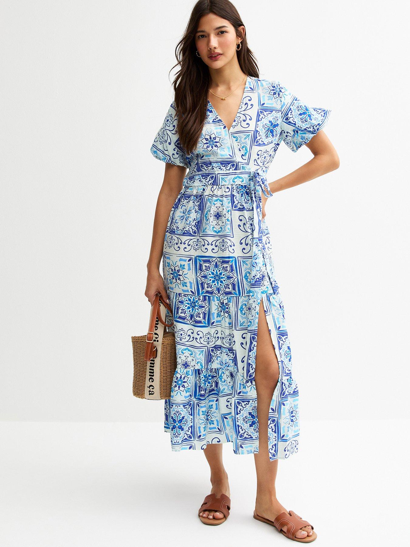 New Look Mary Tile Tier Wrap Midi - Blue | Littlewoods