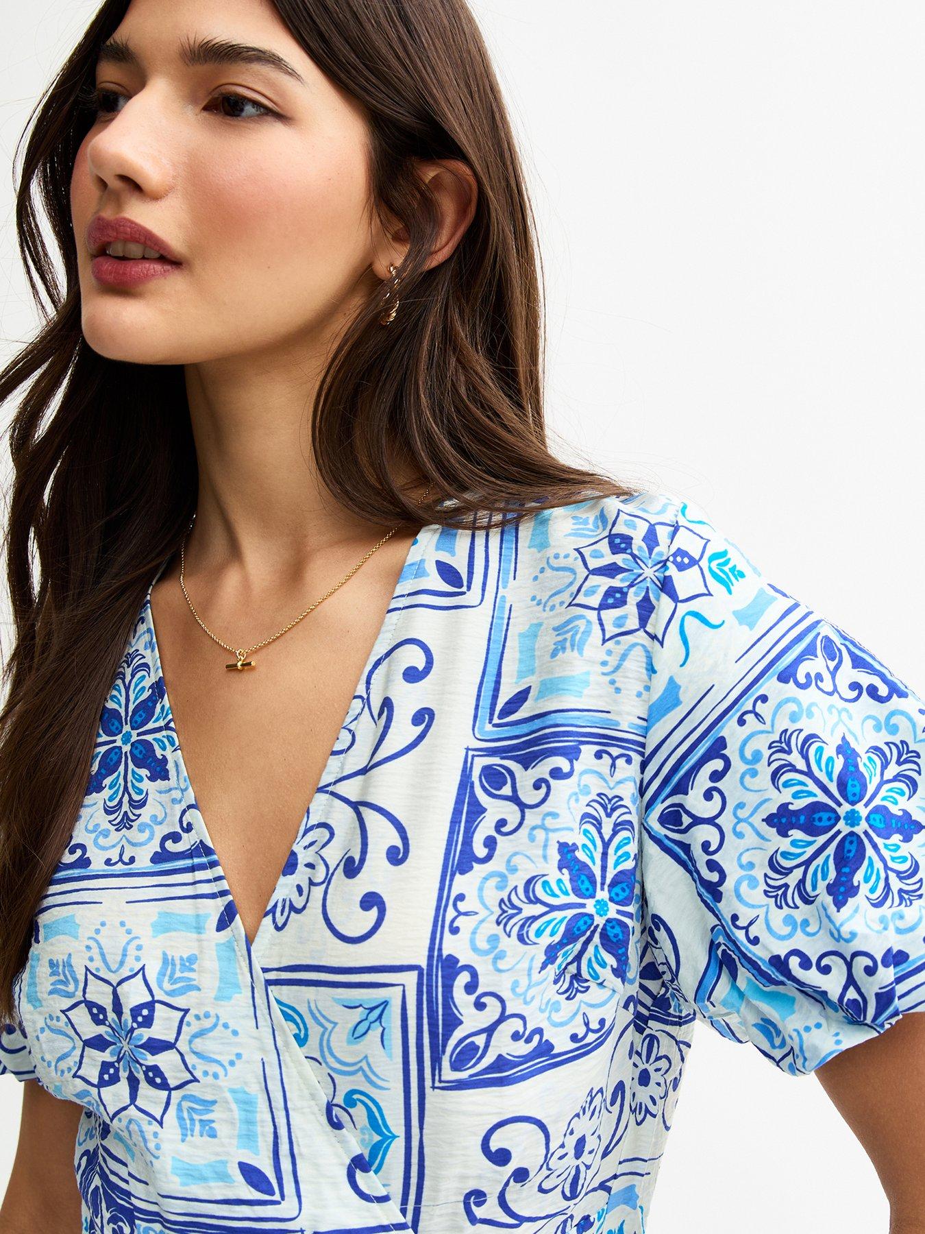 New Look Mary Tile Tier Wrap Midi - Blue | Littlewoods