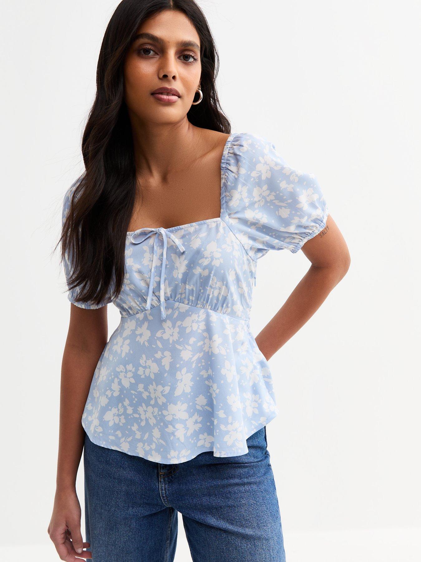 New Look Blue Floral Print Peplum Top | Littlewoods