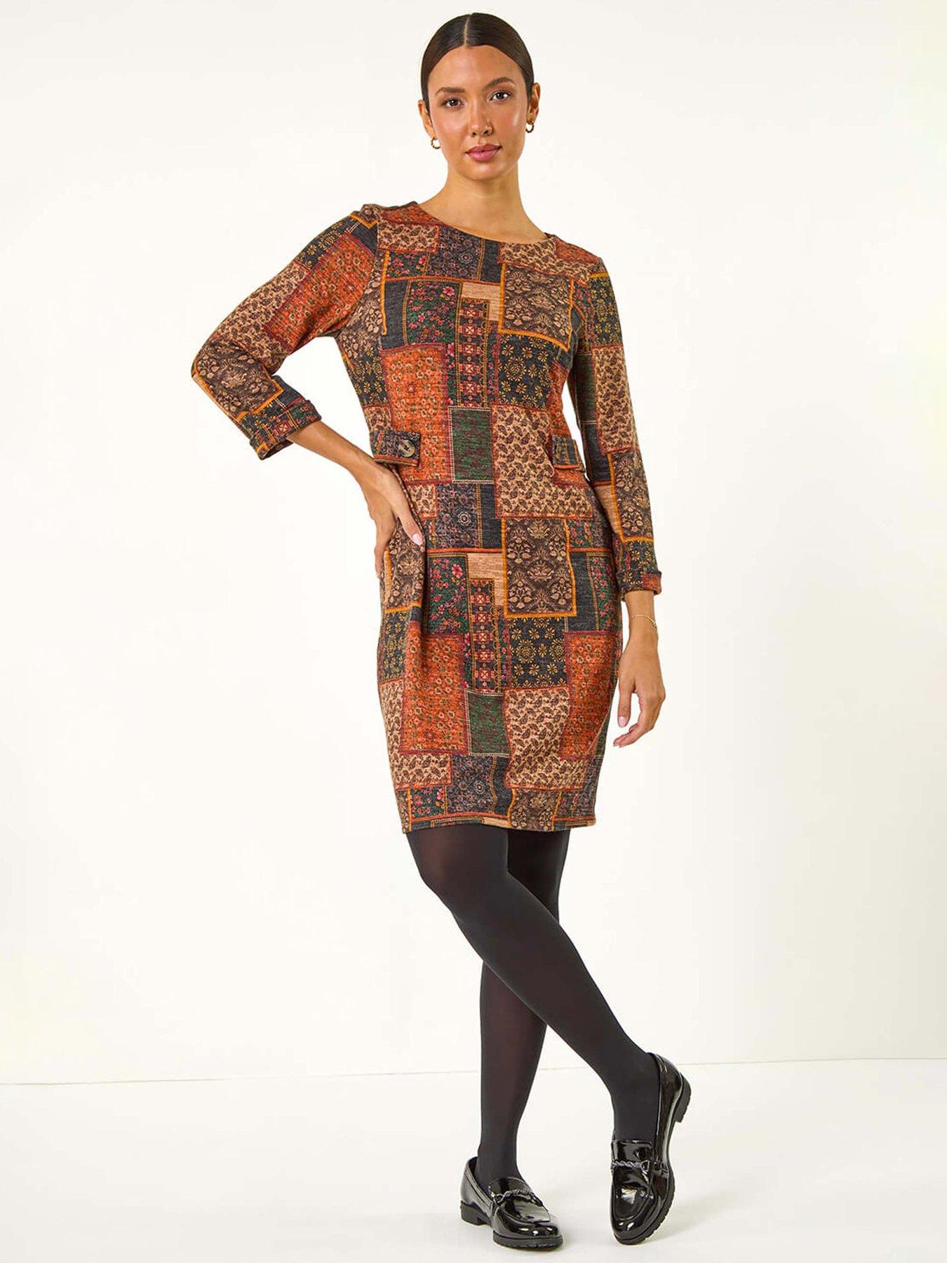 Roman Patchwork Print Shift Stretch Dress - Orange | Littlewoods