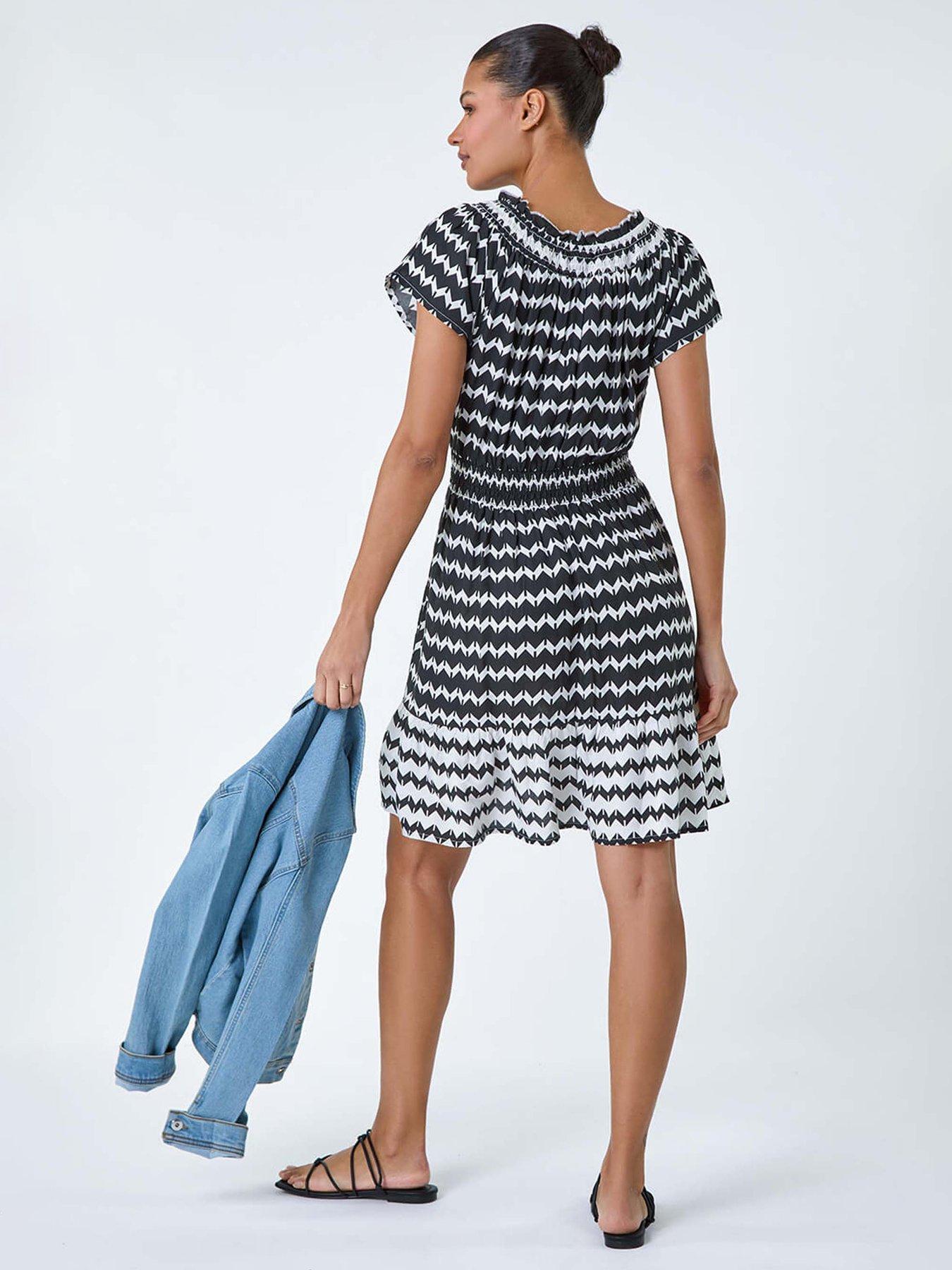 Roman Zig Zag Border Print Shirred Dress | Littlewoods