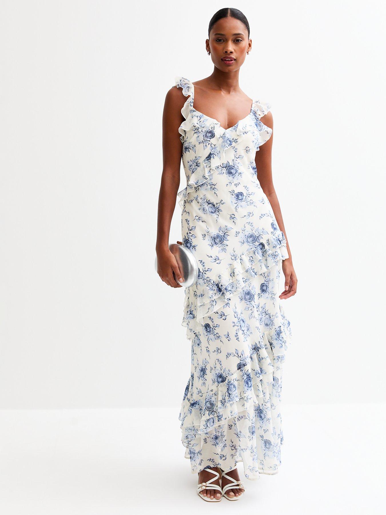 New Look Floral Print Ruffle Trim Midi Dress - Blue | Littlewoods