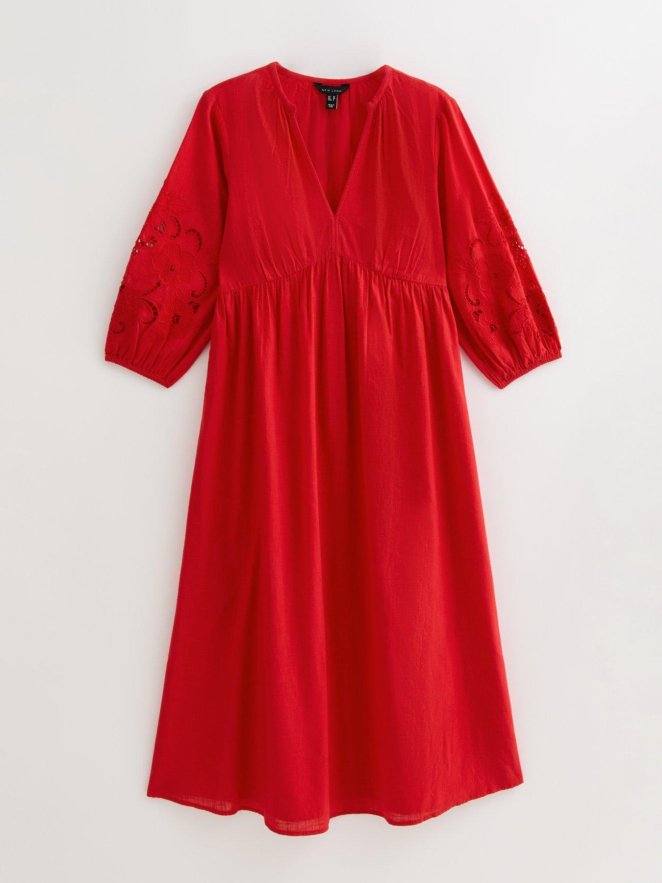 New Look Broderie Anglaise Sleeve Smock Midi Dress - Red | Littlewoods