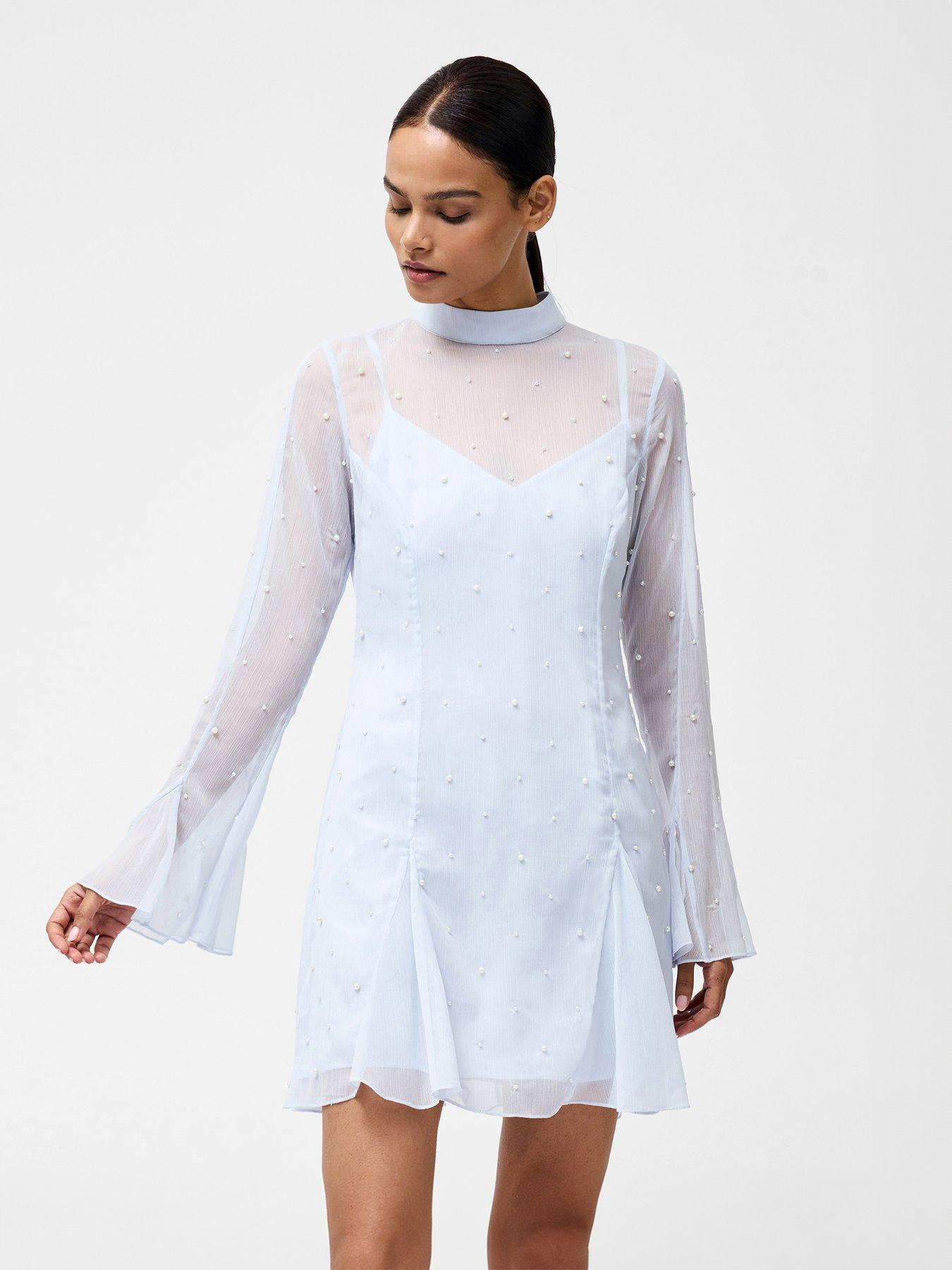 French Connection Chiffon High Neck Frill Sleeve Pearl Mini Dress ...
