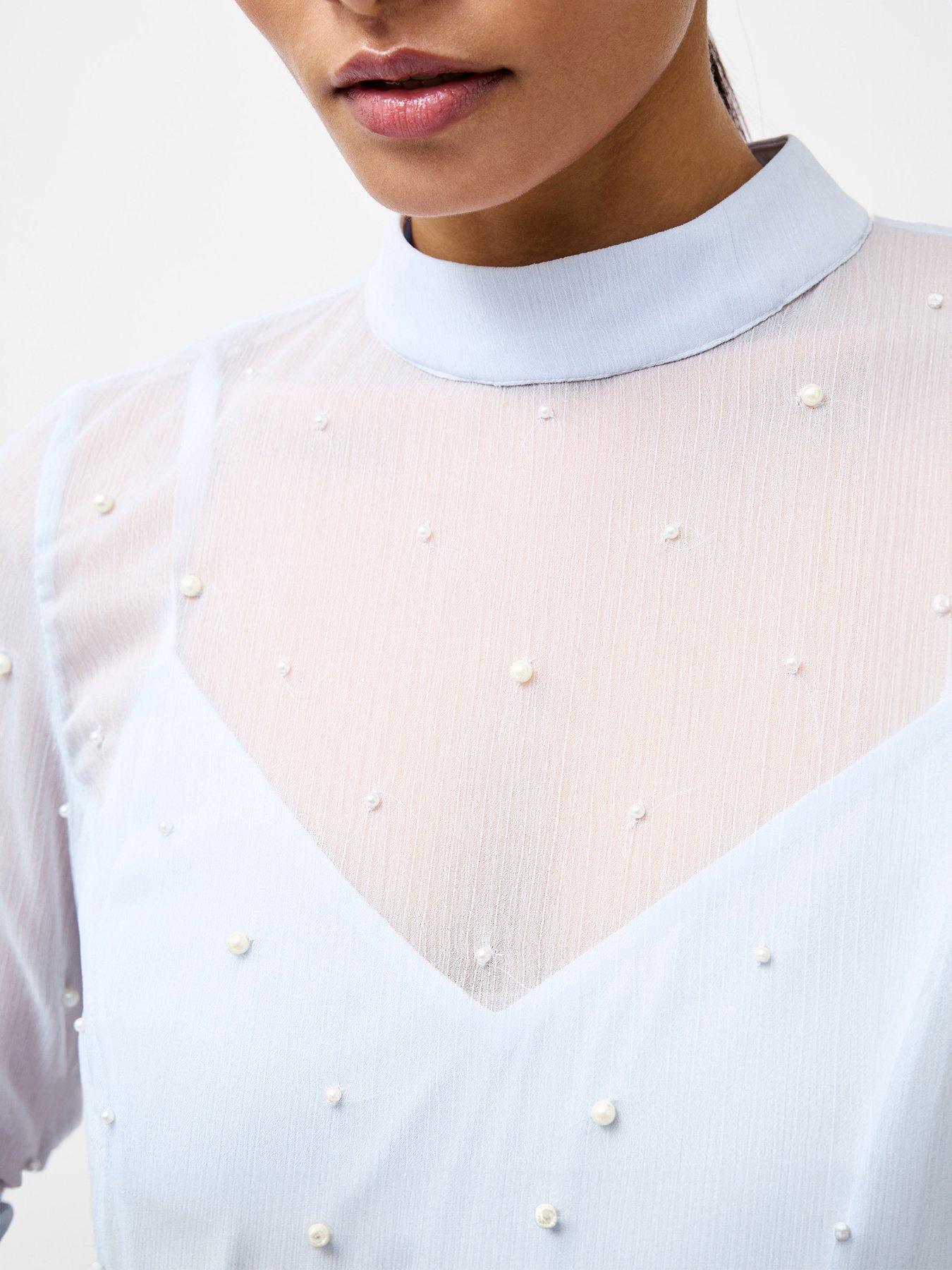 French Connection Chiffon High Neck Frill Sleeve Pearl Mini Dress ...