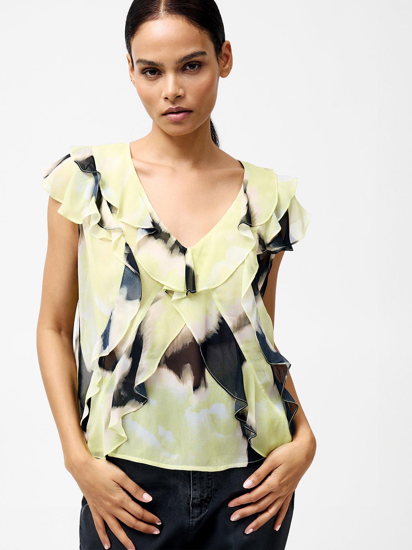 French Connection Short Sleeve Chiffon Ruffle Tie Dye Print V-Neck Top ...