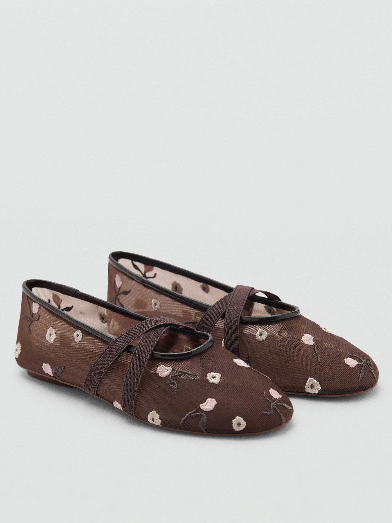 Mango Ballerina Flats With Cross Straps With Embroidered Flowers ...