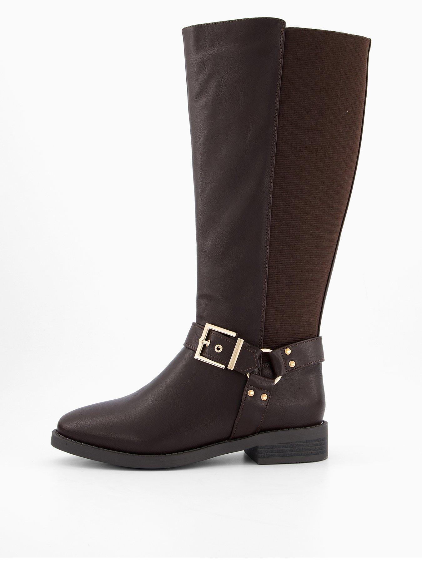 V by Very Extra Wide Fit Knee High Boot With Elastic Panels - Brown ...