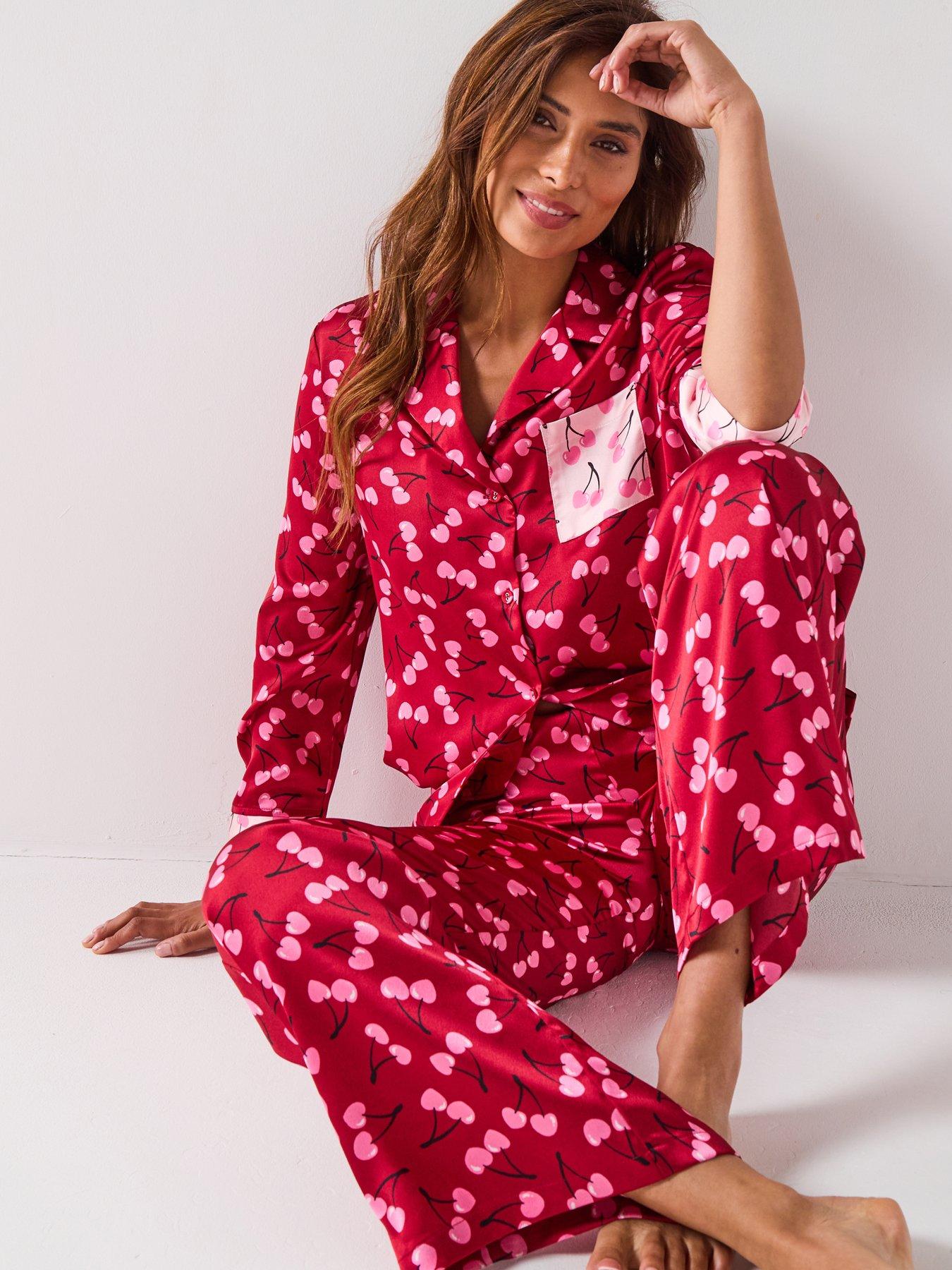 The Very Collection Satin Cherry Print Contrast Revere Pyjama Set - Red ...