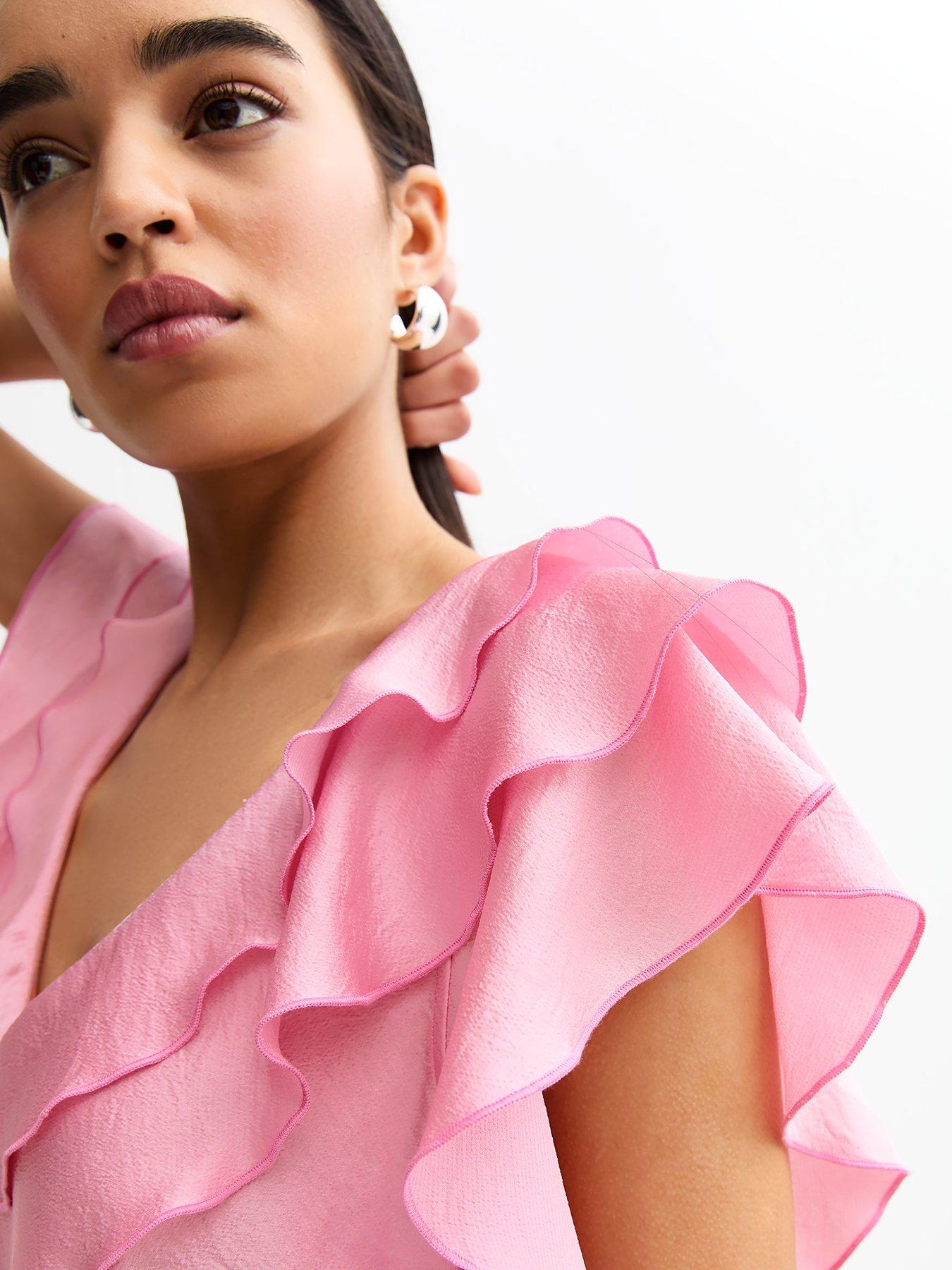 New Look Crinkled Satin Ruffled Midi Dress - Pink | Littlewoods